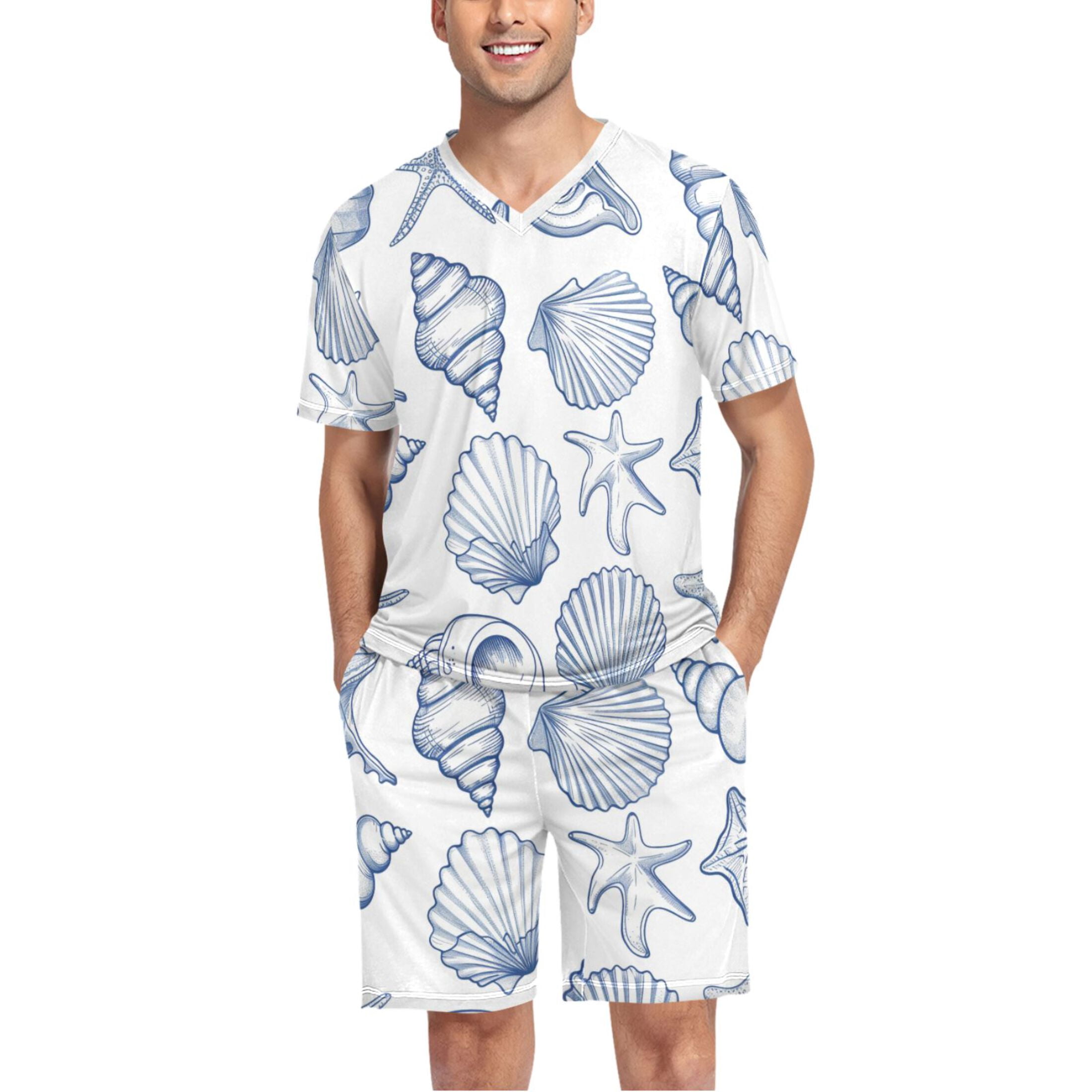 joogoo Men's Pajama Set Sea Shells and Conch V-Neck Pj Shorts Set 2 ...