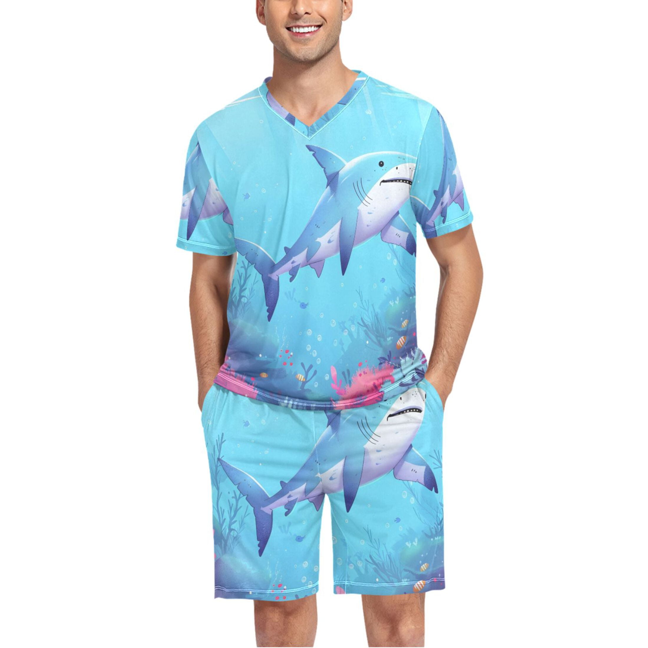 joogoo Men's Pajama Set Shark Coral under Sea V-Neck Pj Shorts Set 2 ...