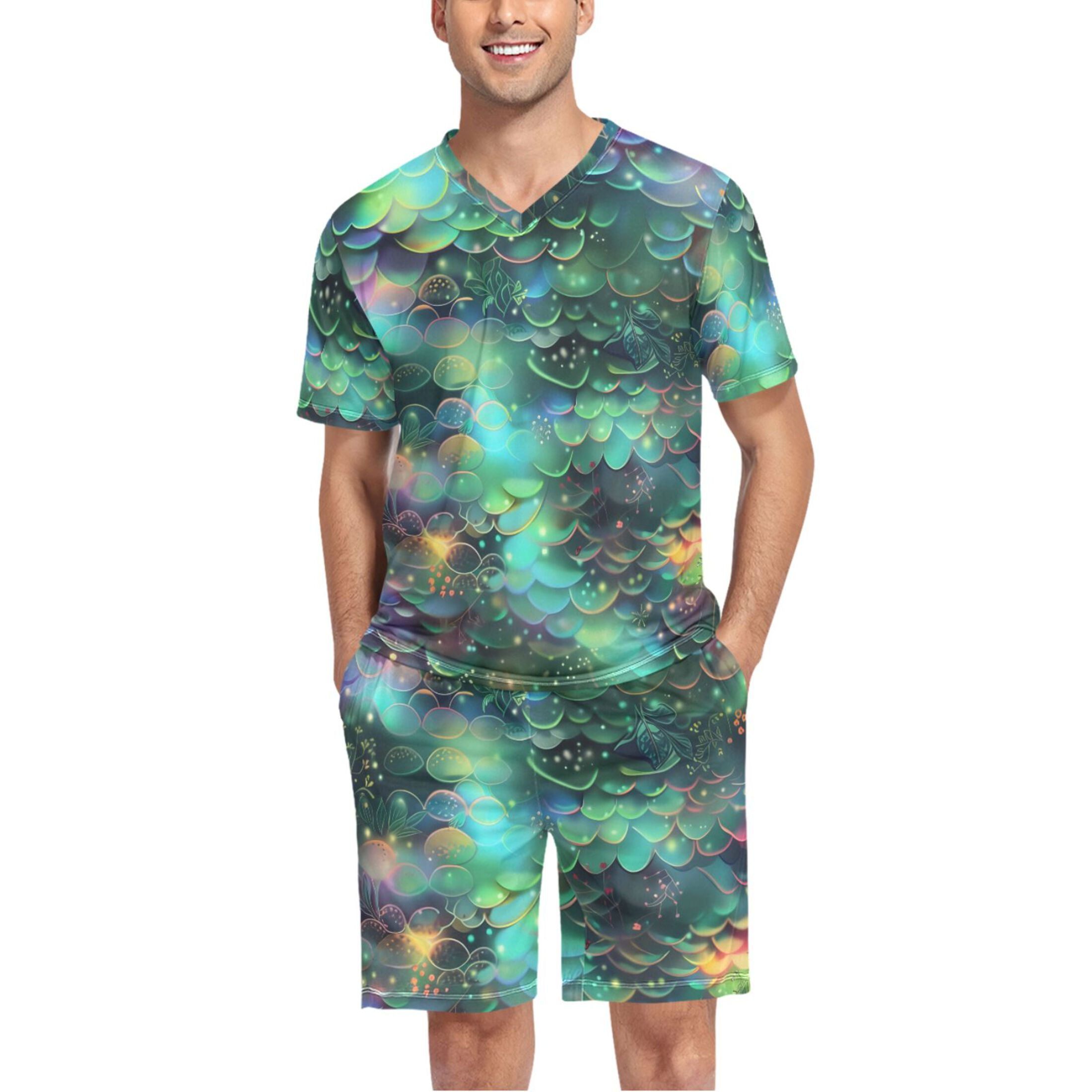 joogoo Men's Pajama Set Shiney Fish Scales V-Neck Pj Shorts Set 2 Piece ...