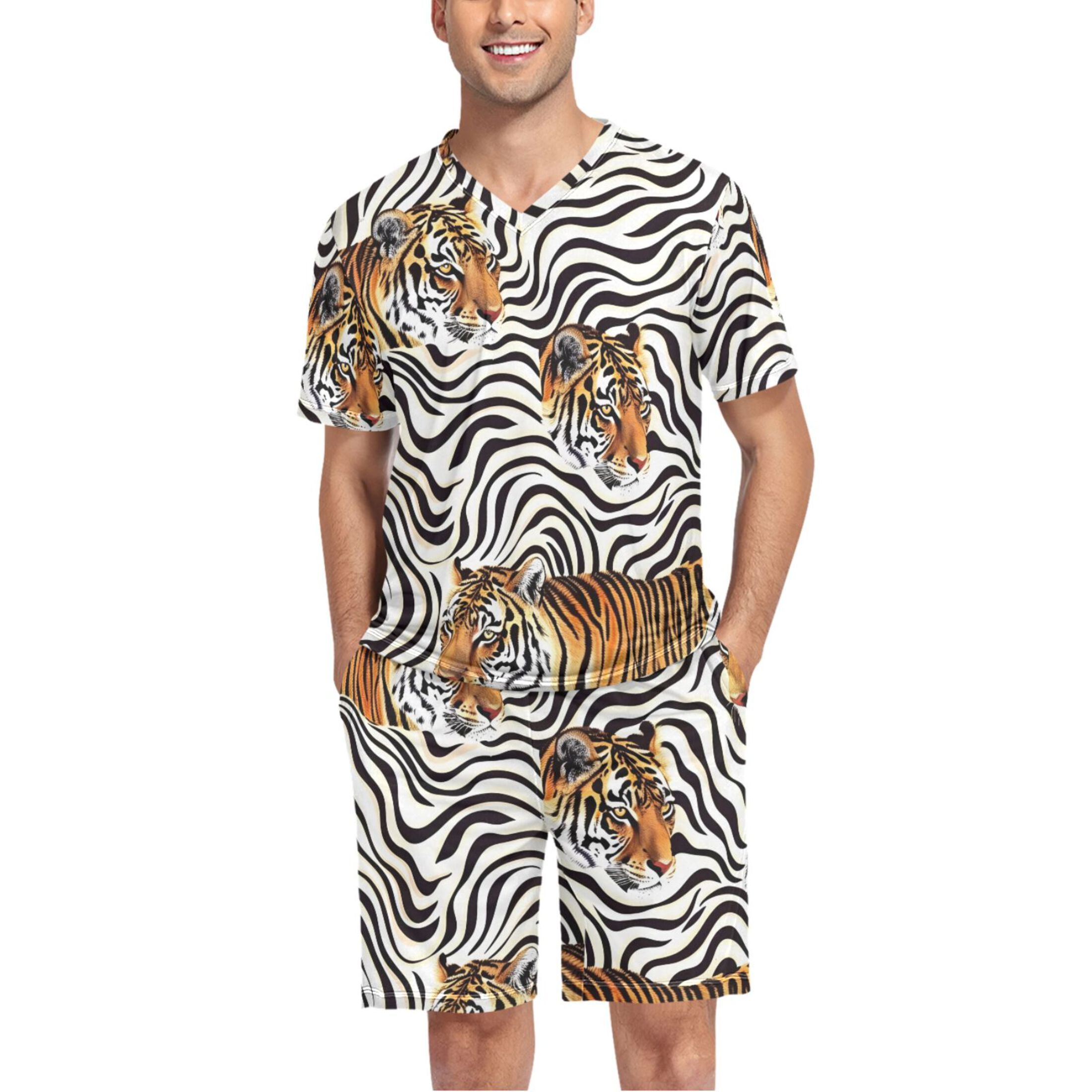 joogoo Men's Pajama Set Tigers in Stripes V-Neck Pj Shorts Set 2 Piece ...
