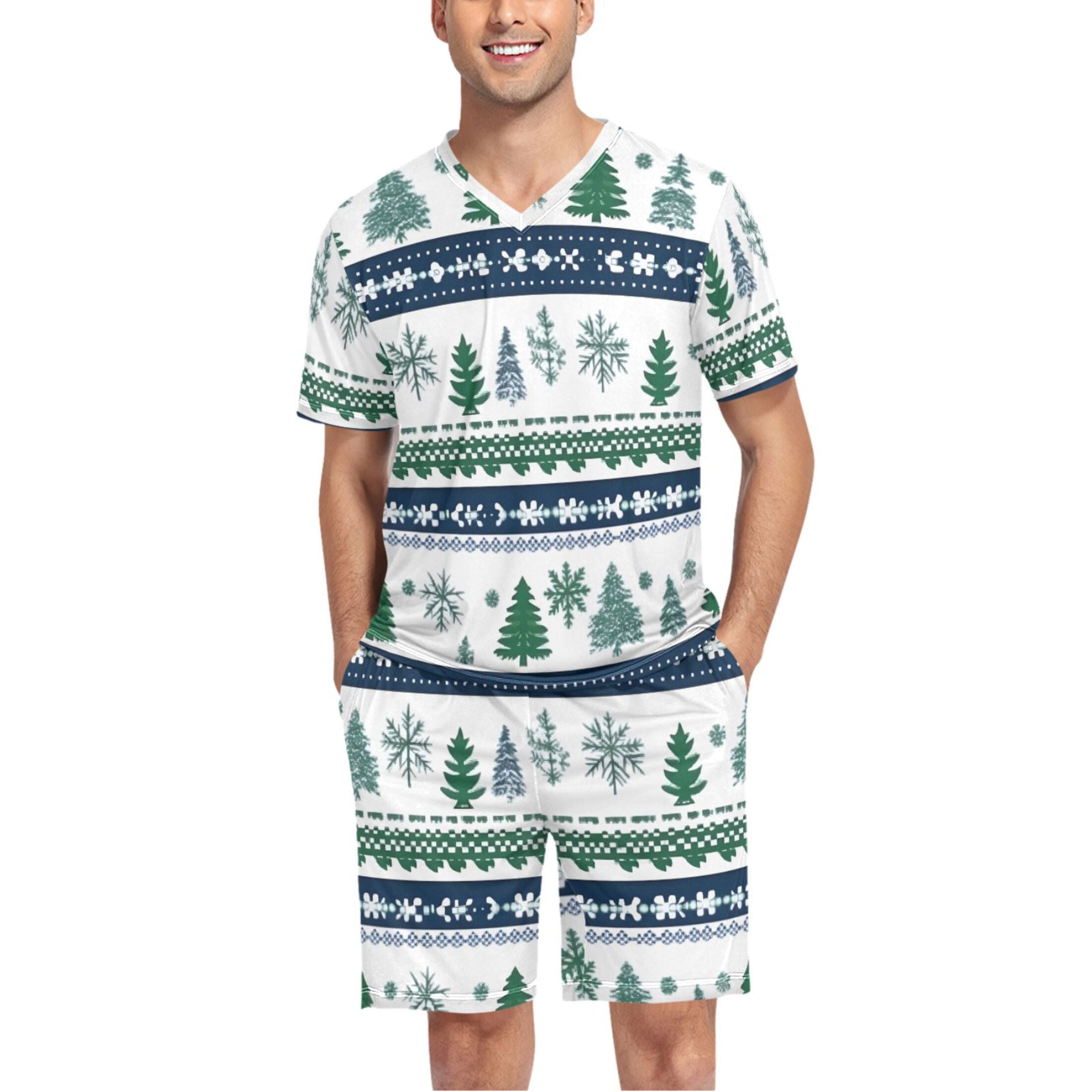 joogoo Men's Pajama Set Winter Christmas Snowflake V-Neck Pj Shorts Set ...