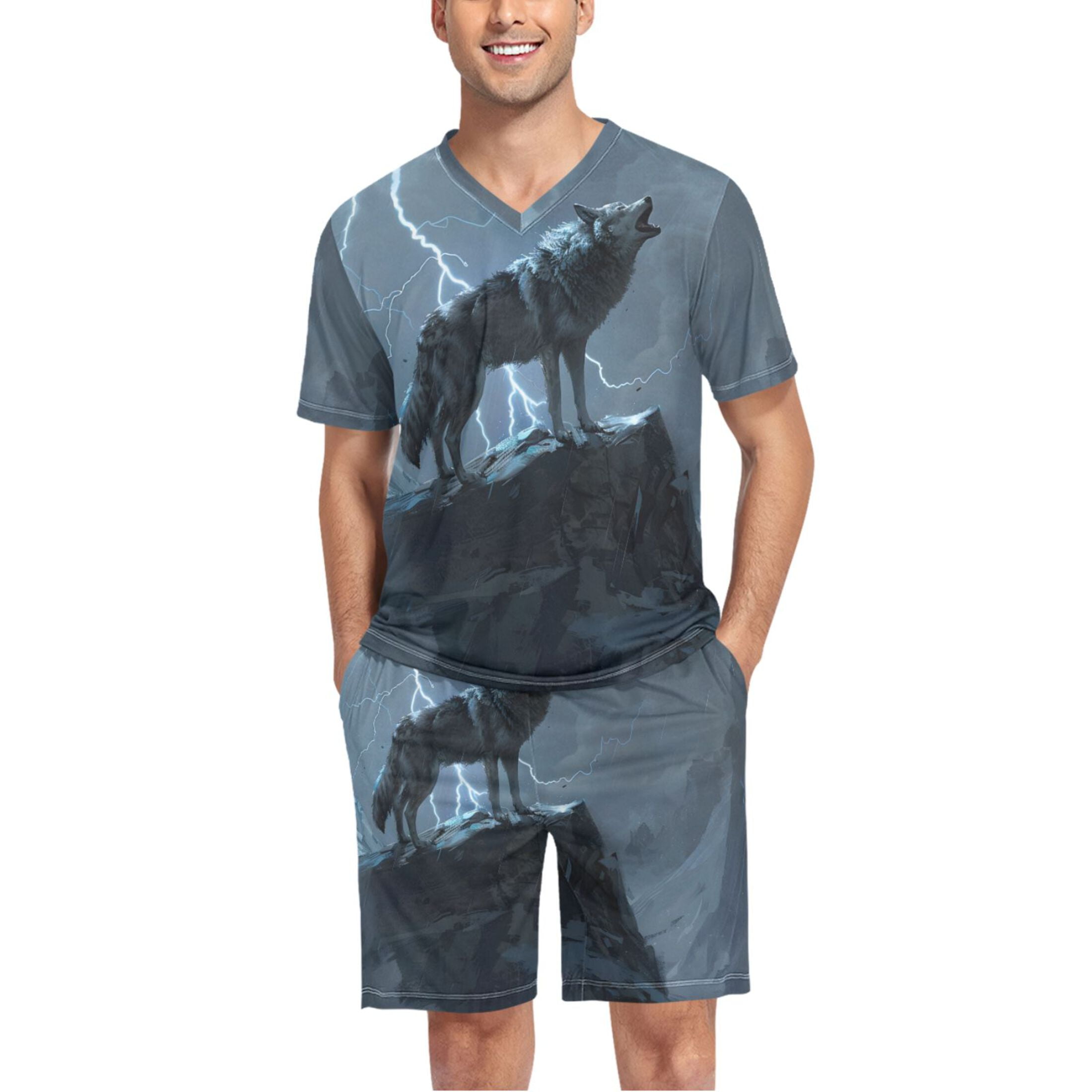 joogoo Men's Pajama Set Wolf and Lightning on Mountain V-Neck Pj Shorts ...