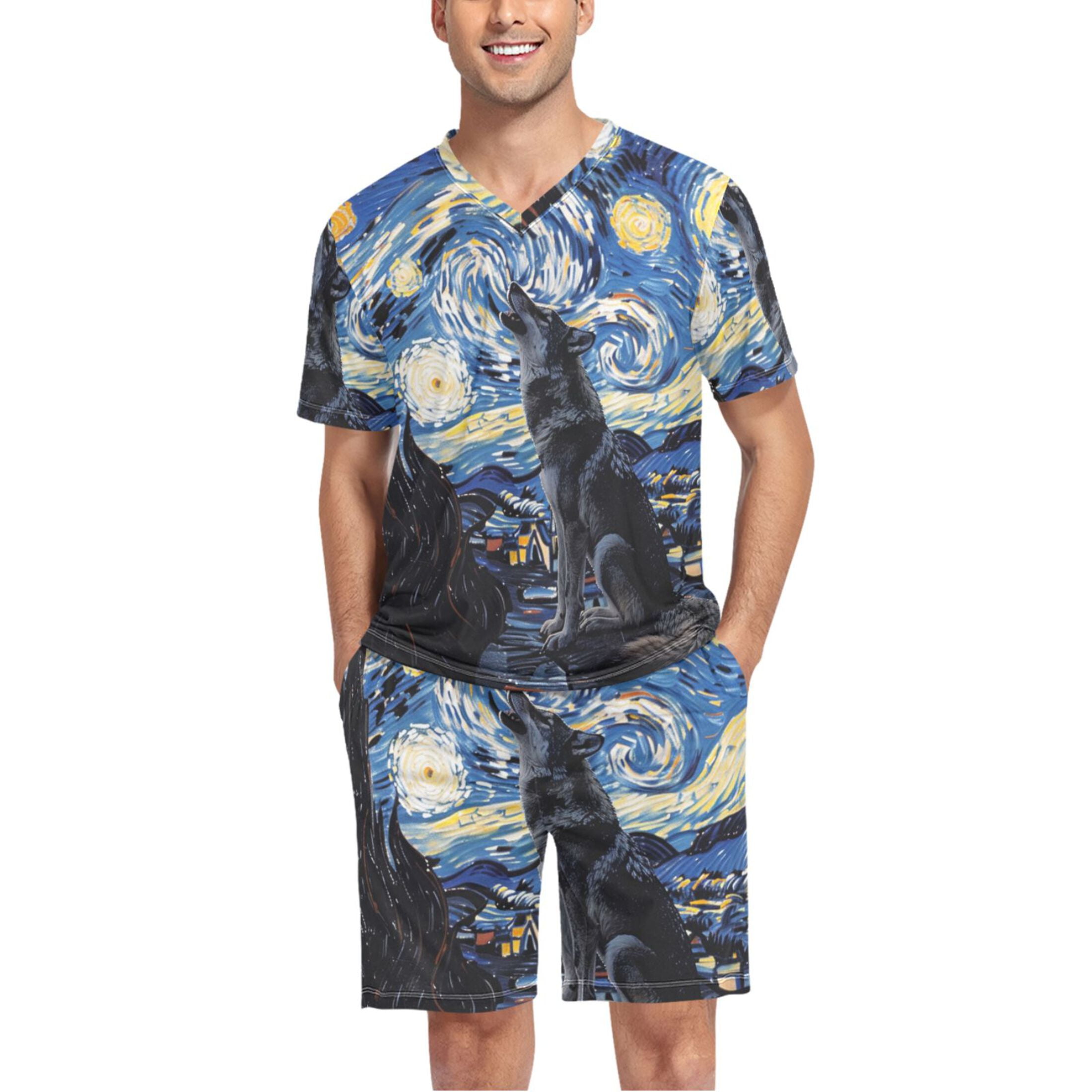 joogoo Men's Pajama Set Wolf in Night Sky Oil Paint V-Neck Pj Shorts ...