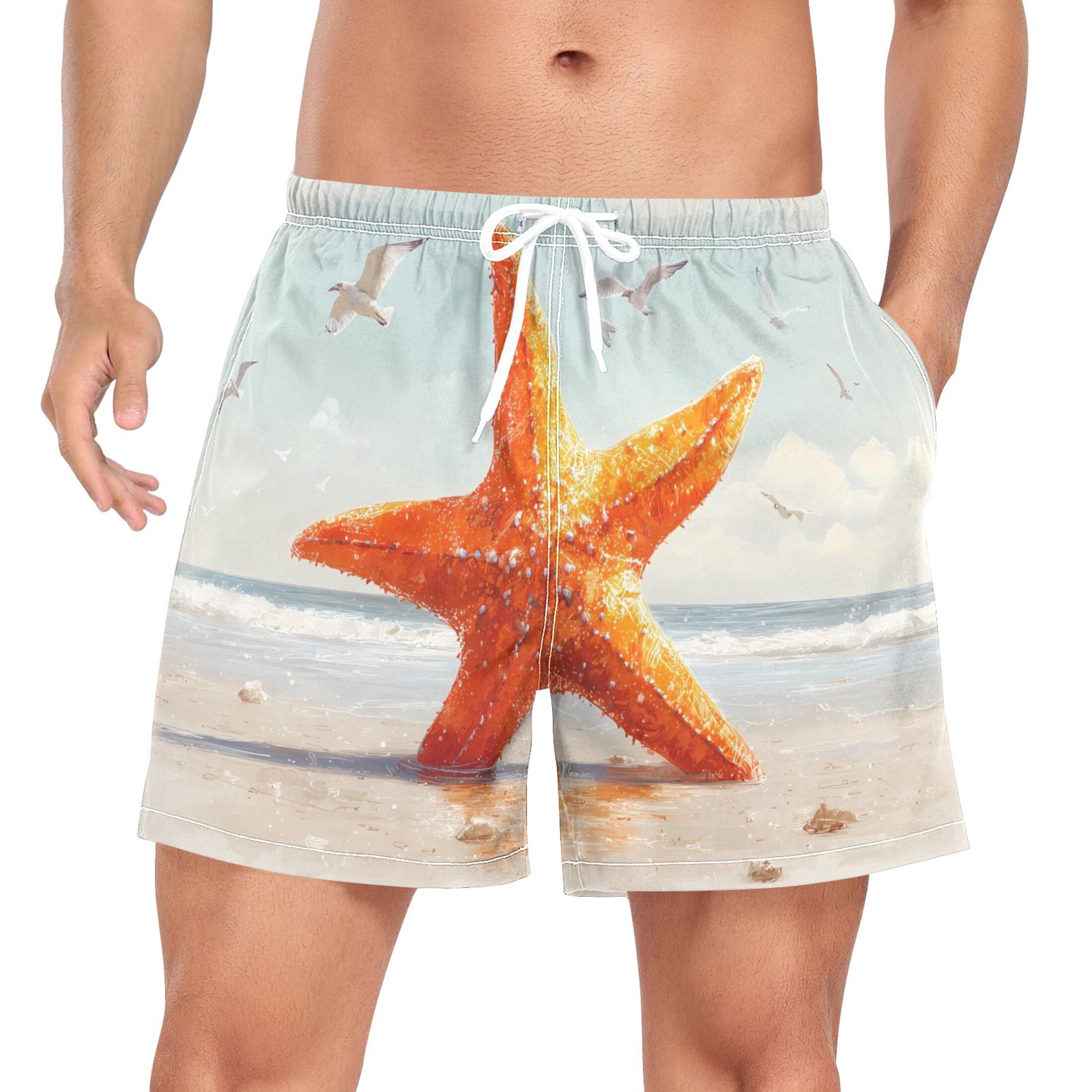 joogoo Men's Retro Starfish Seagull Swim Trunks with Liner Pocket Beach ...