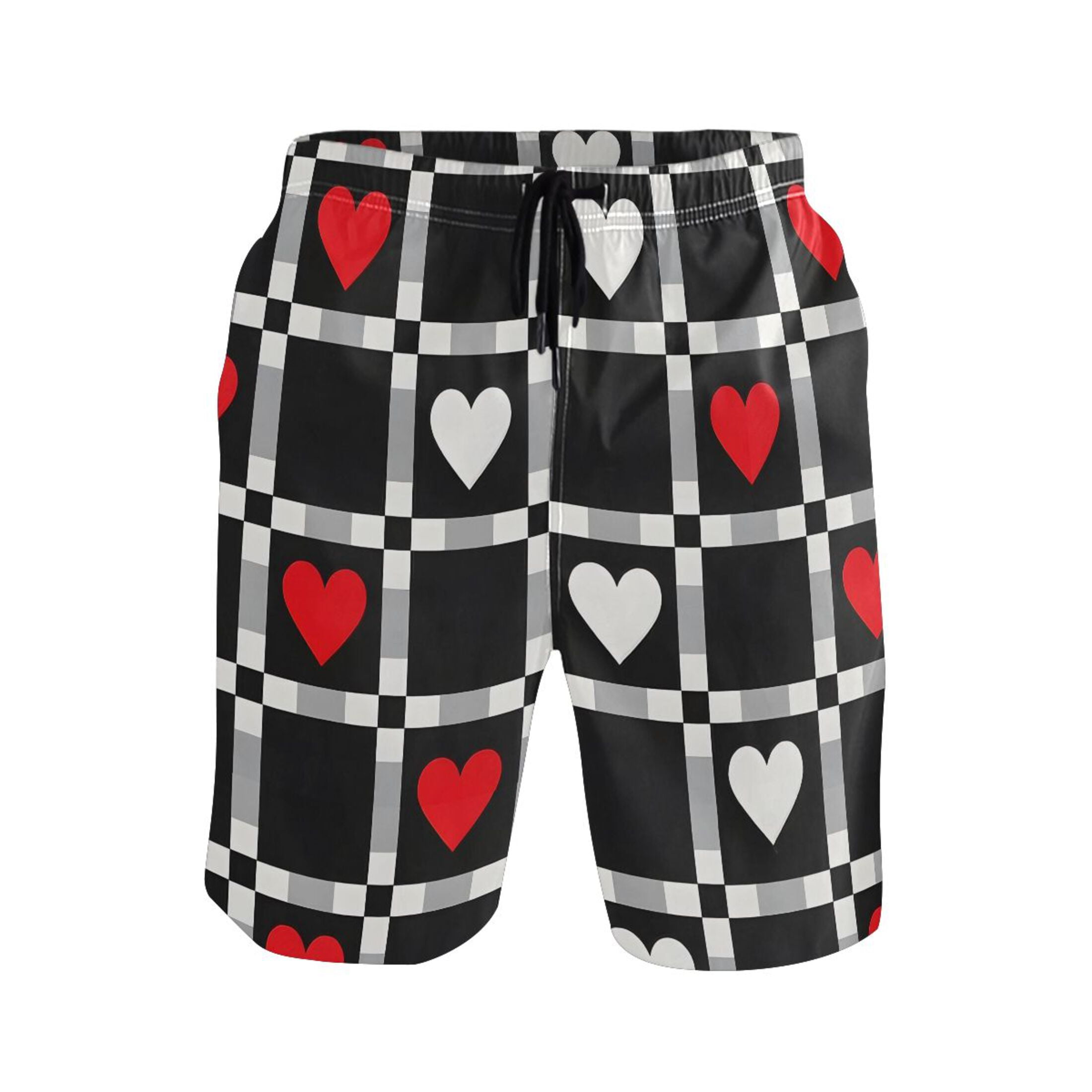 joogoo Men's Swim Trunks Heart on Checkered Beach Shorts with Pockets L ...