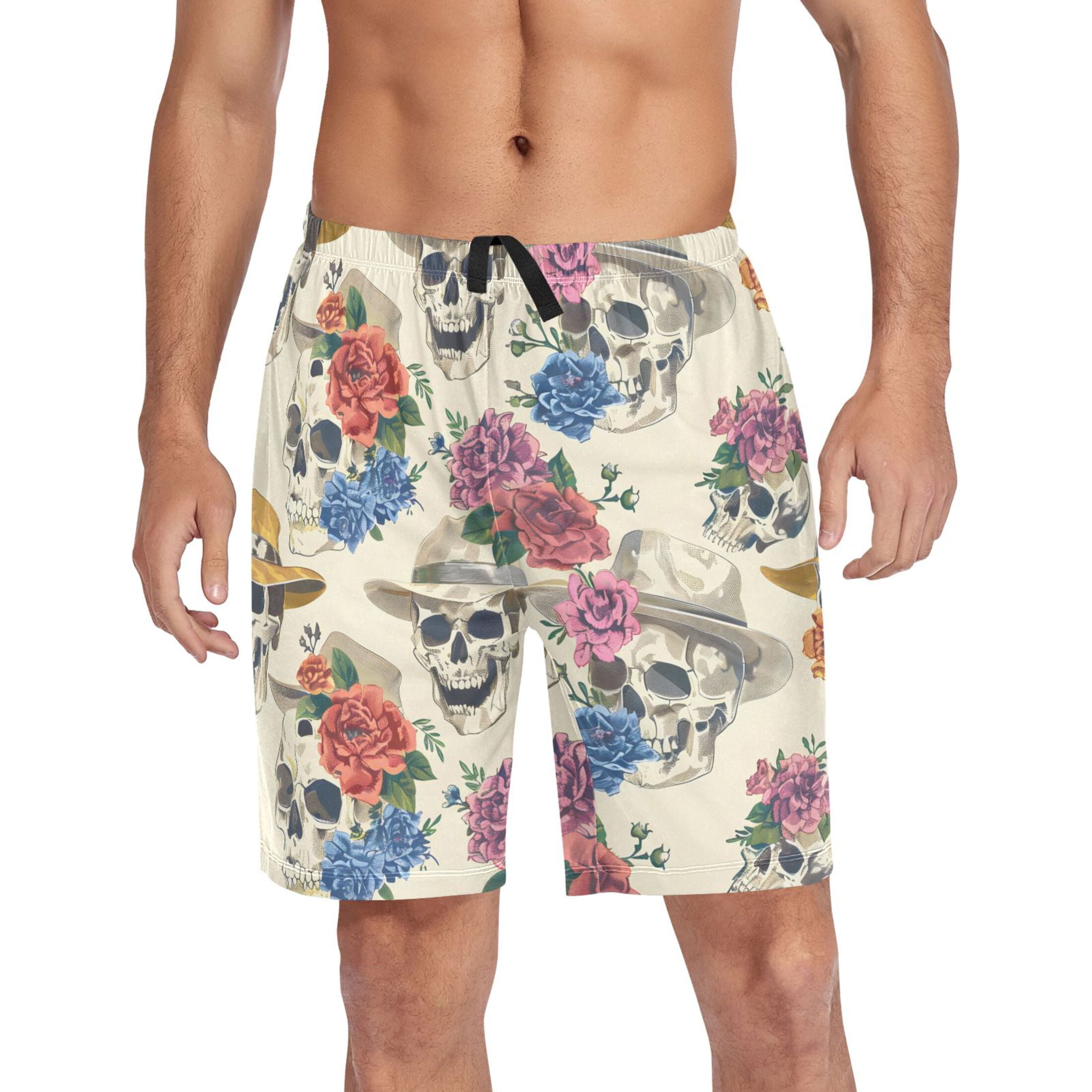 joogoo Mens Swim Trunks Skulls with Floral Beach Shorts Drawstring ...