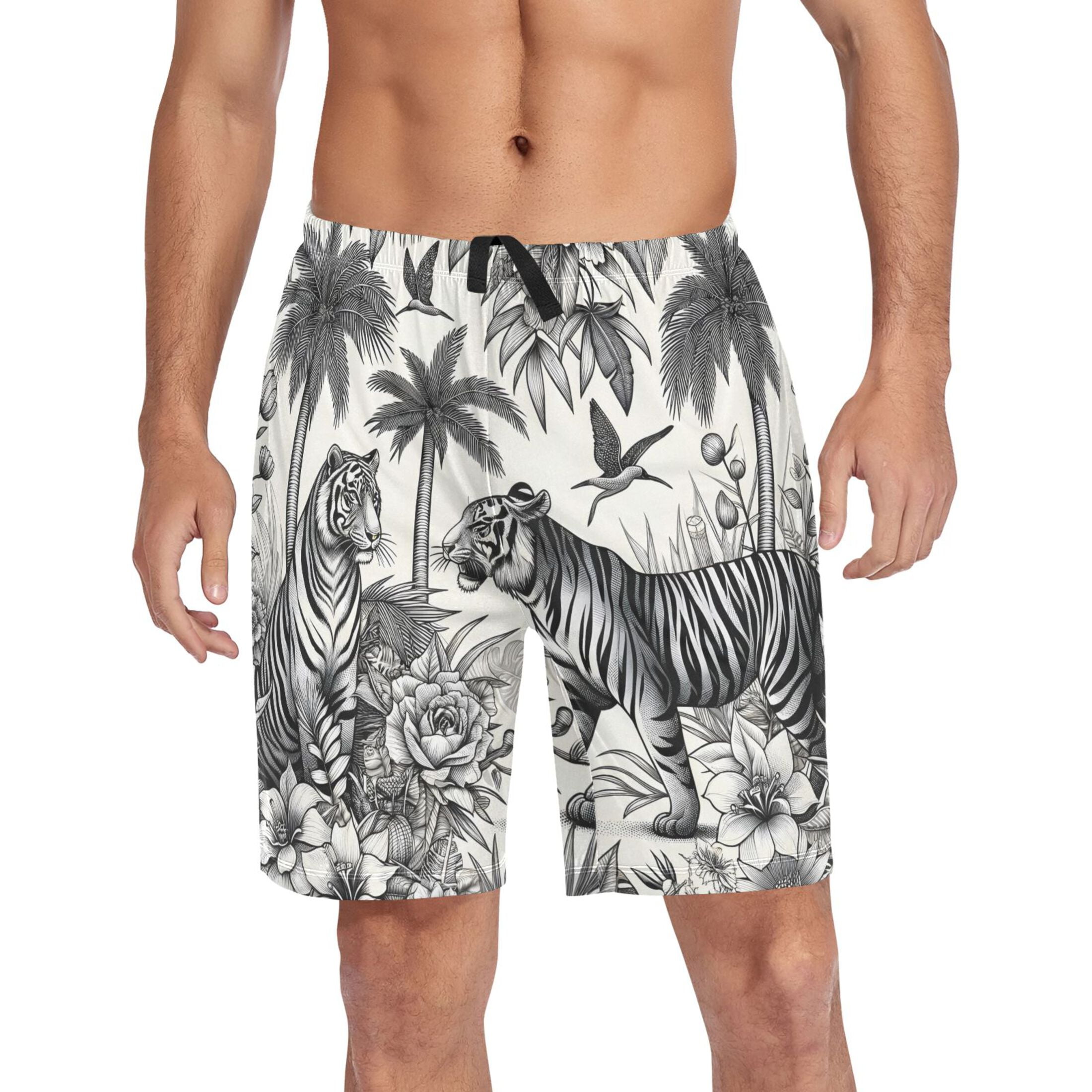 joogoo Mens Swim Trunks Tigers and Palm Tree Beach Shorts Drawstring ...