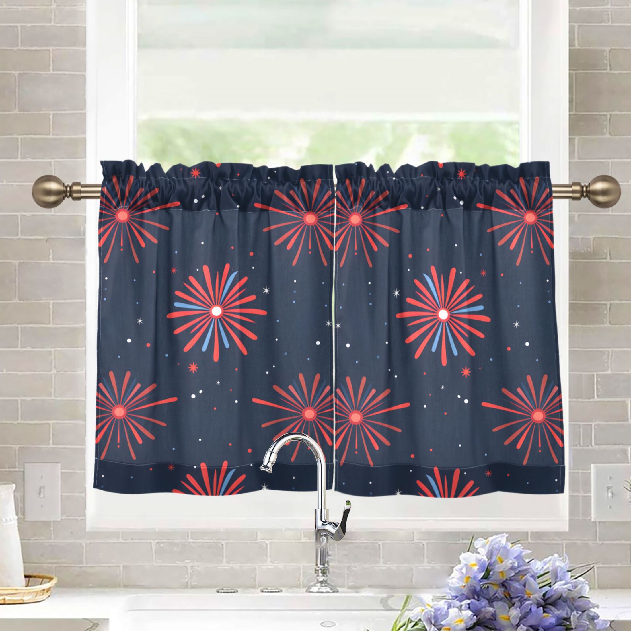joogoo New Year Firework Print Curtains Sets Half Window Cafe Farmhouse ...