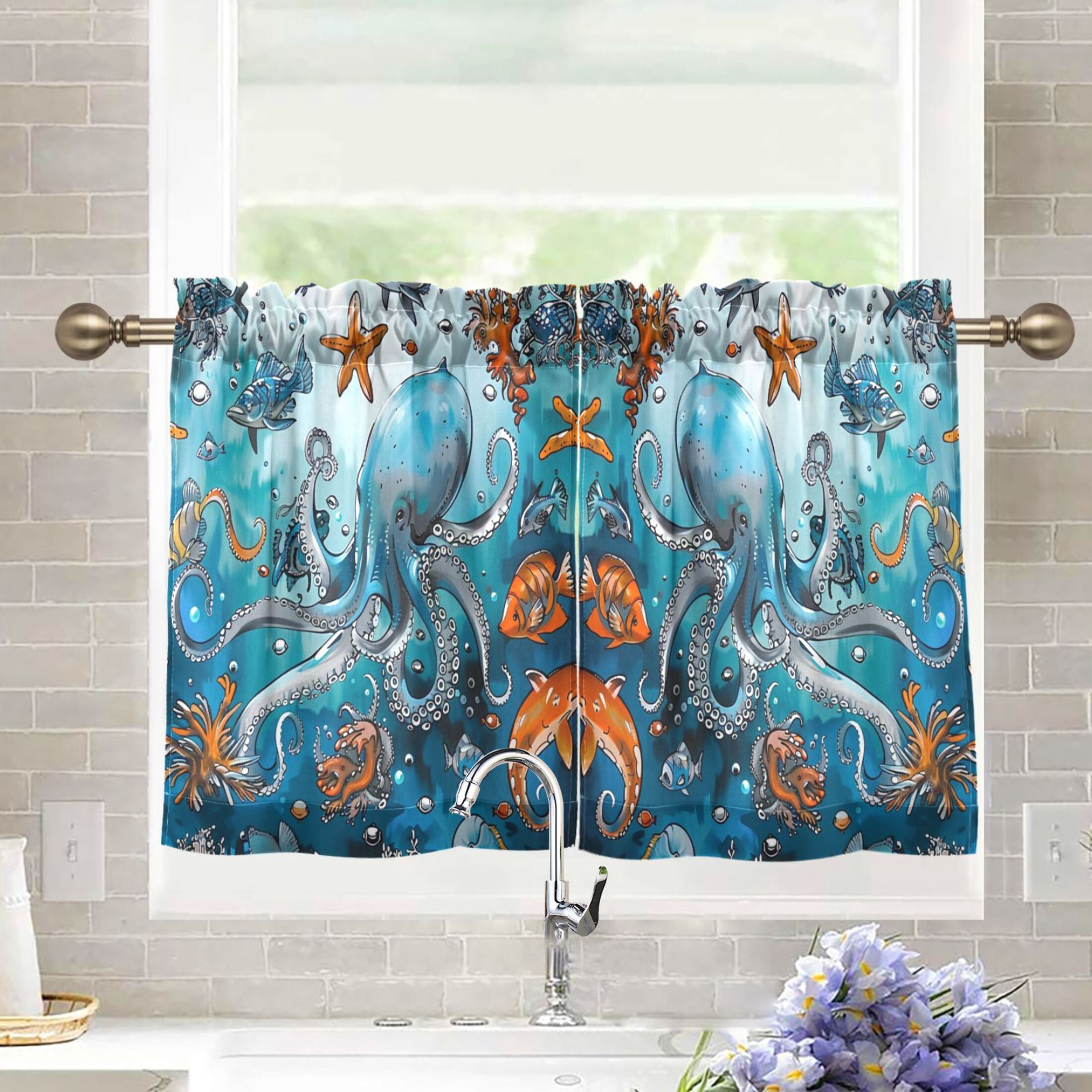 joogoo Octopus Sea Star Fish Curtains Sets Half Window Cafe Farmhouse ...