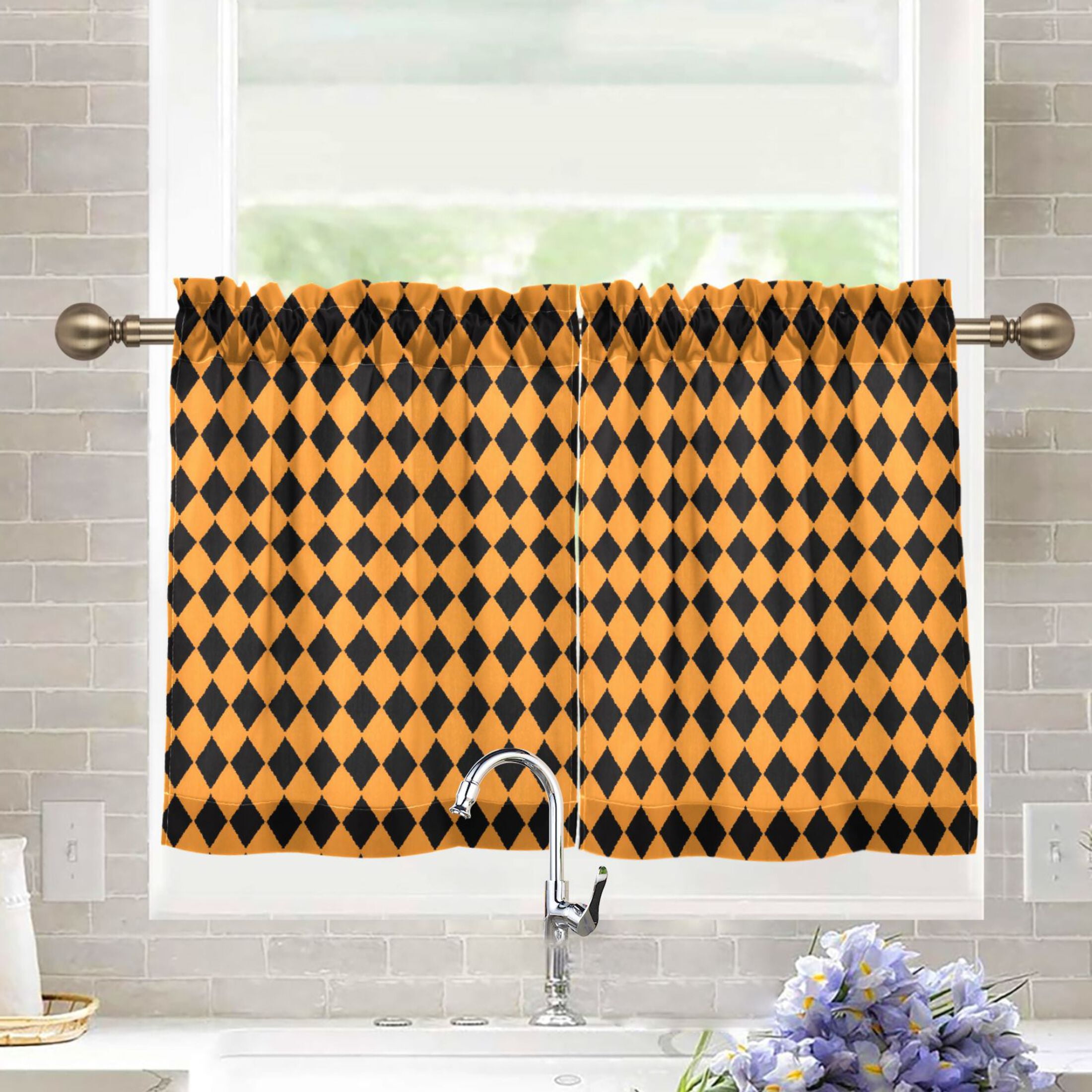 joogoo Orange Checked Grid Pattern Curtains Sets Half Window Cafe ...