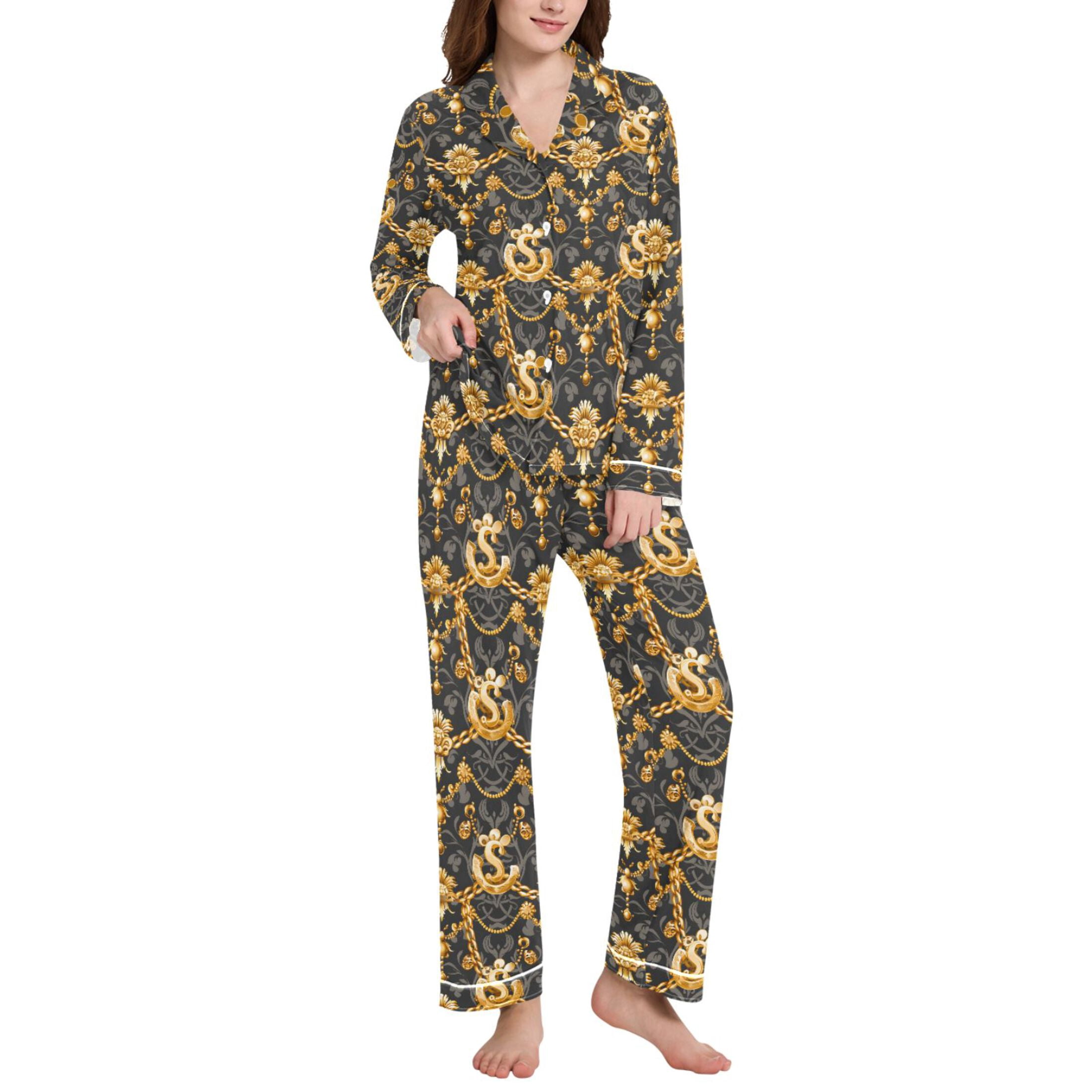 joogoo Pajamas Set for Women Vintage Gold Dollar and Chain Long Sleeve ...