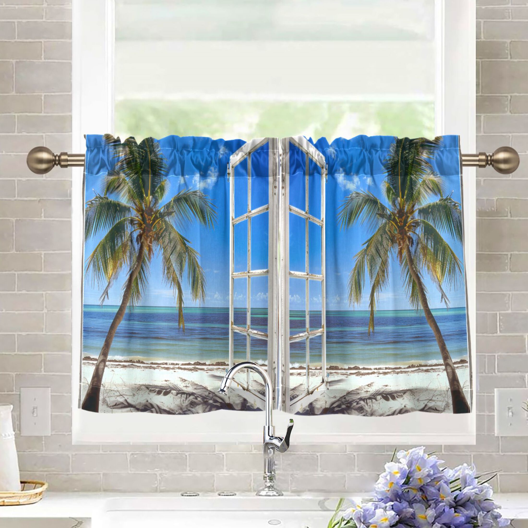 joogoo Palm Tree Beach Sea Window Curtains Sets Half Window Cafe ...