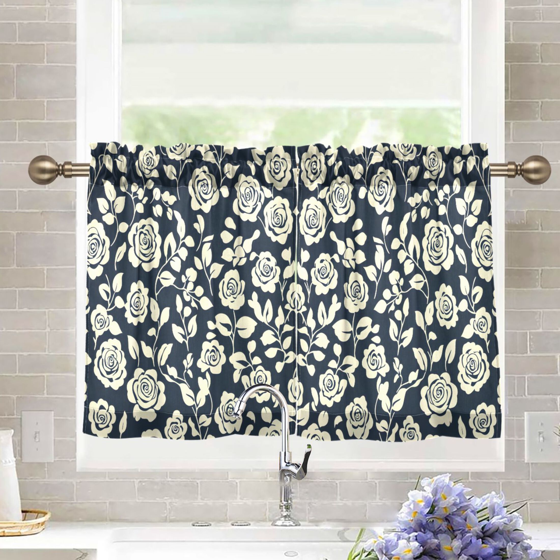 joogoo Peony Flowers on Black Curtains Sets Half Window Cafe Farmhouse ...