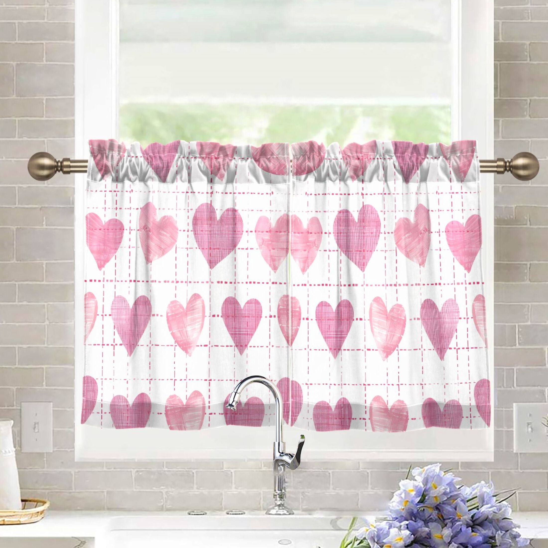 joogoo Pink Hearts Checkered Pattern Curtains Sets Half Window Cafe ...
