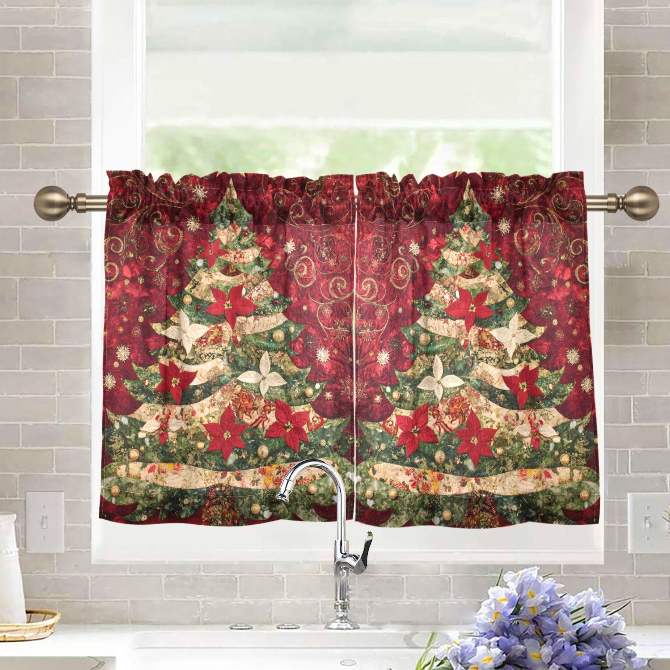 joogoo Poinsettia Flower Christmas Tree Curtains Sets Half Window Cafe ...
