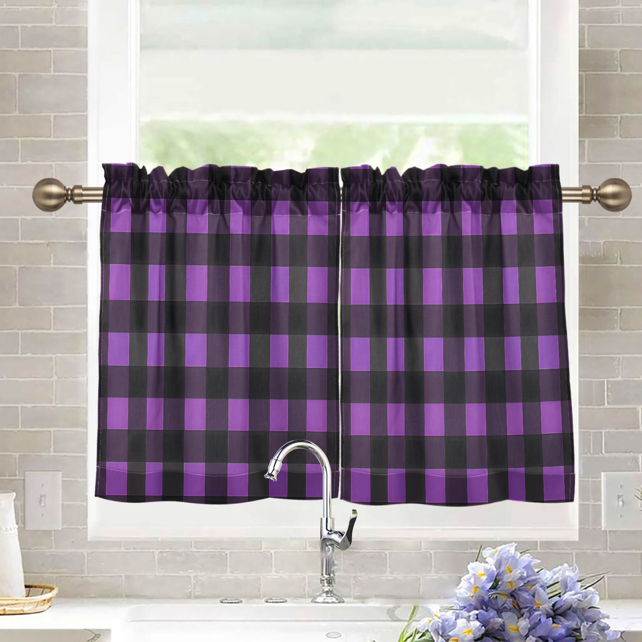 joogoo Purple Checkered Grid Pattern Curtains Sets Half Window Cafe ...