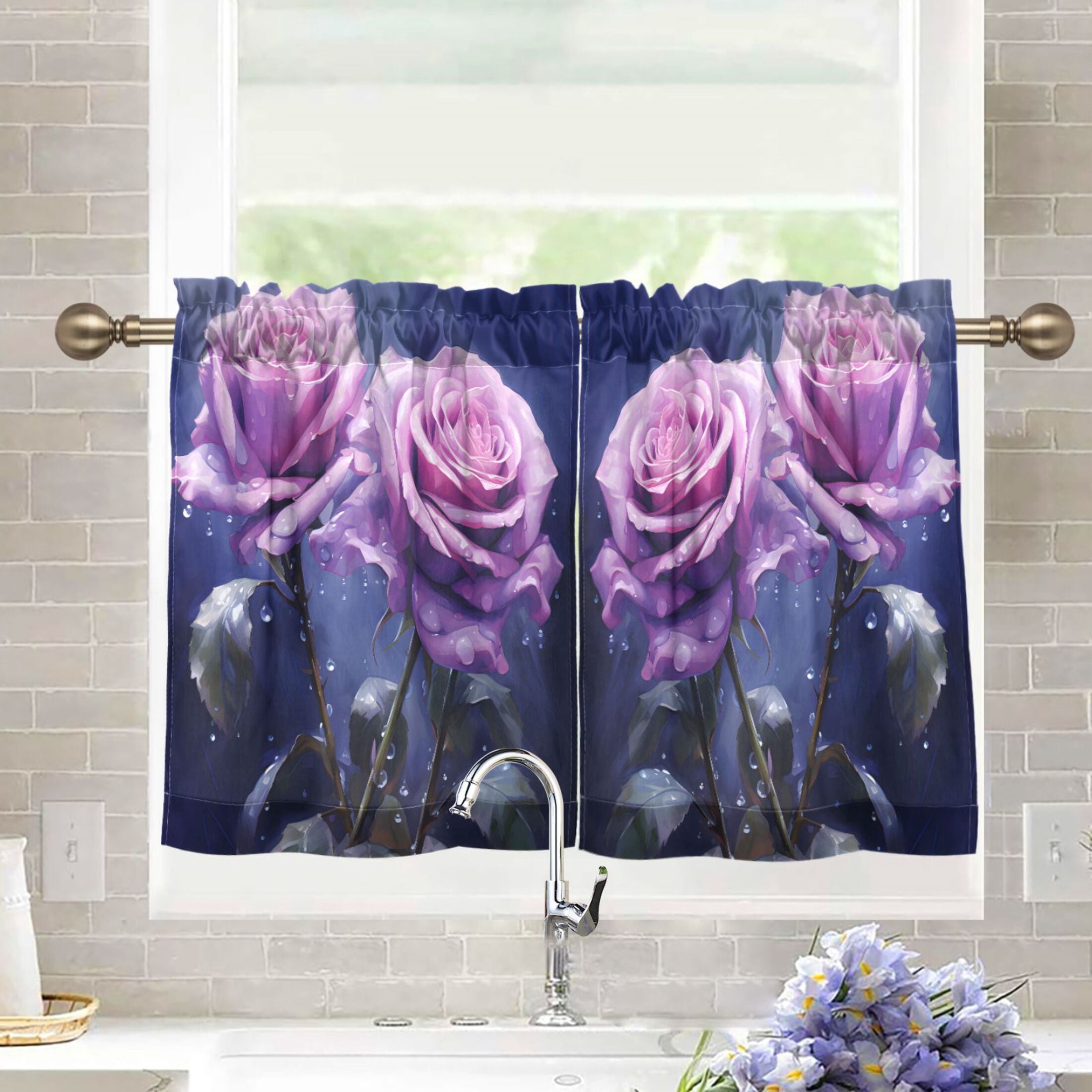 joogoo Purple Rose Flower Curtains Sets Half Window Cafe Farmhouse Tier ...