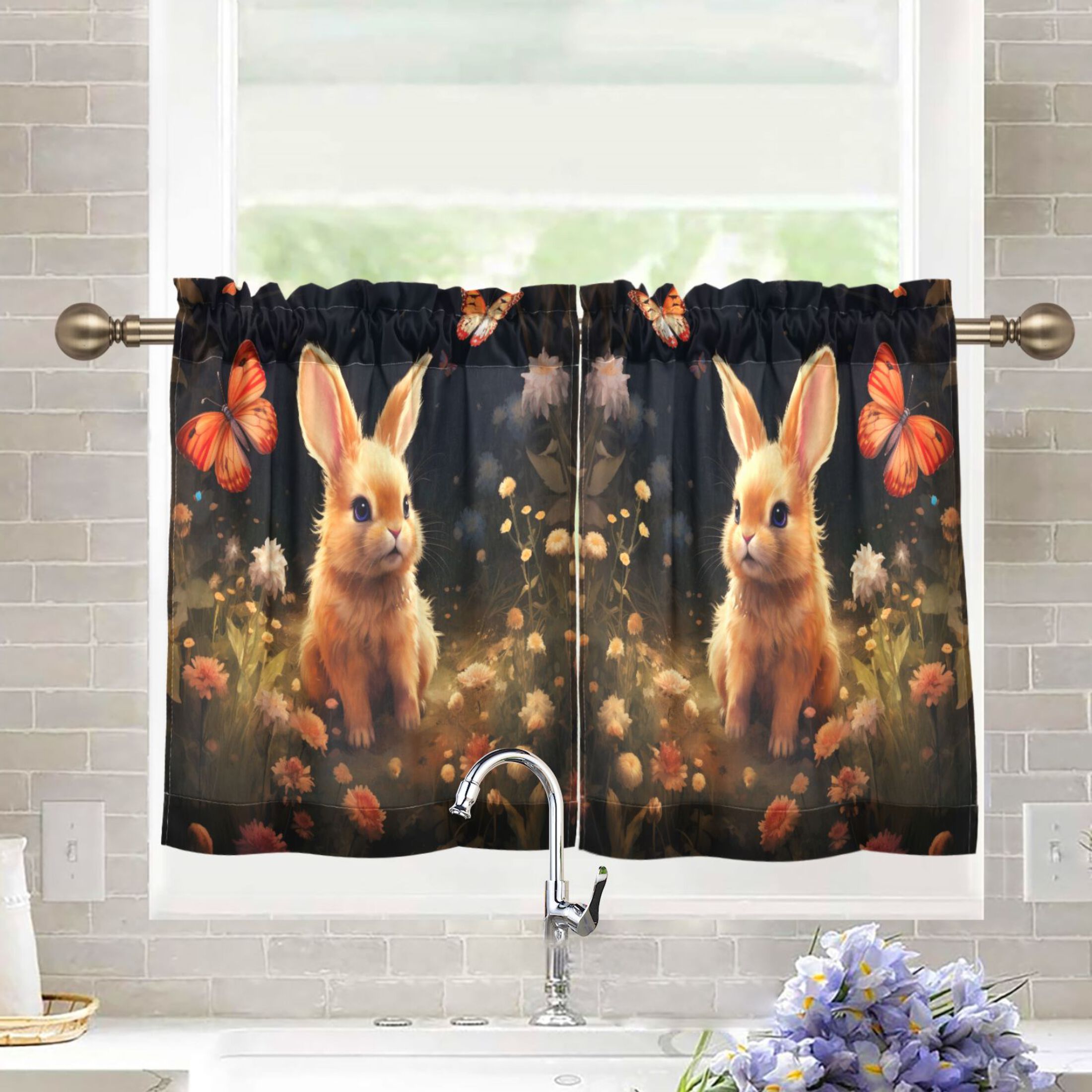 joogoo Rabbit in Butterflies and Flowers Curtains Sets Half Window Cafe ...