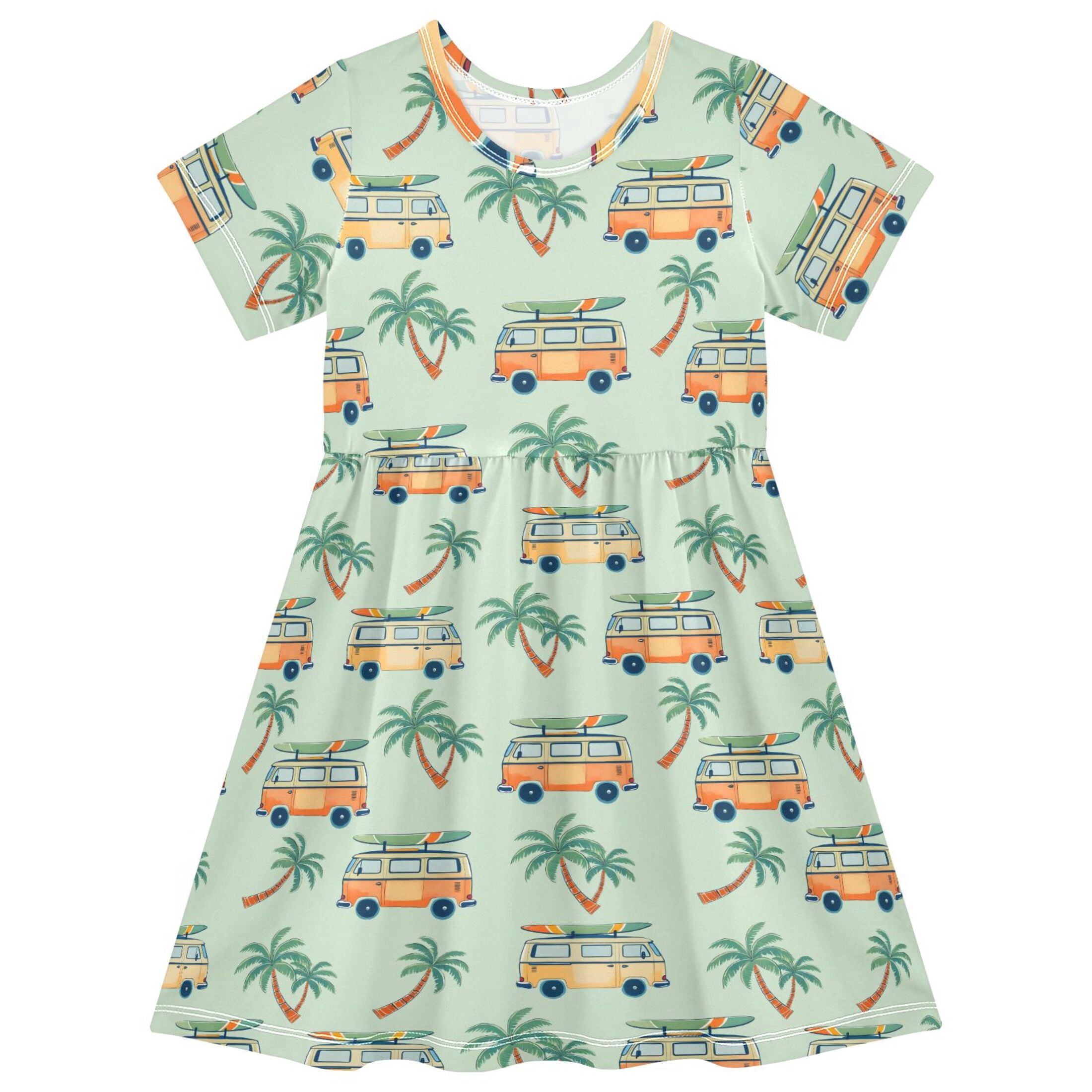 joogoo Retro Bus Palm Tree Girls' Short Sleeve Dress Kids Dresses 2T ...