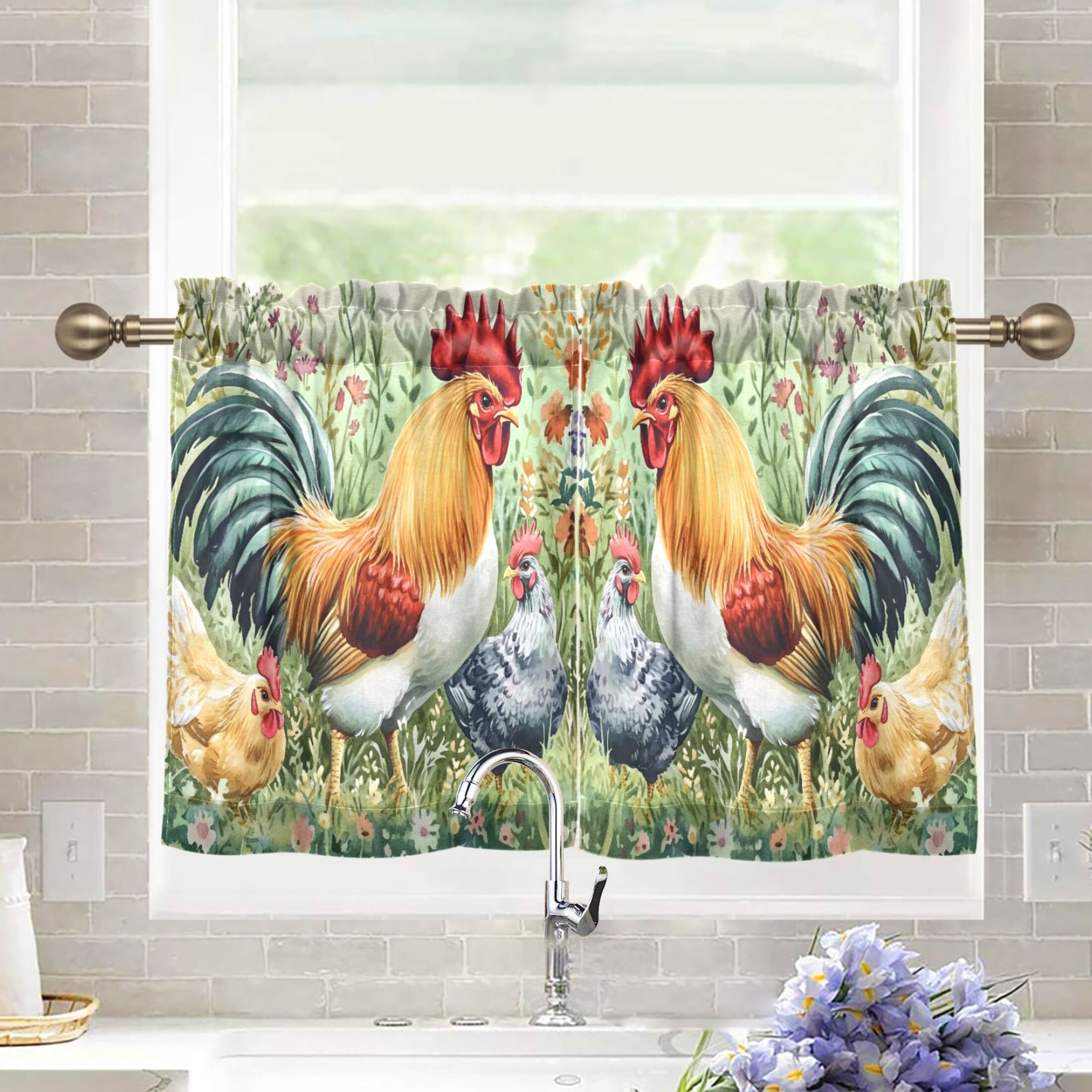 joogoo Rooster in Grass Curtains Sets Half Window Cafe Farmhouse Tier 2 ...