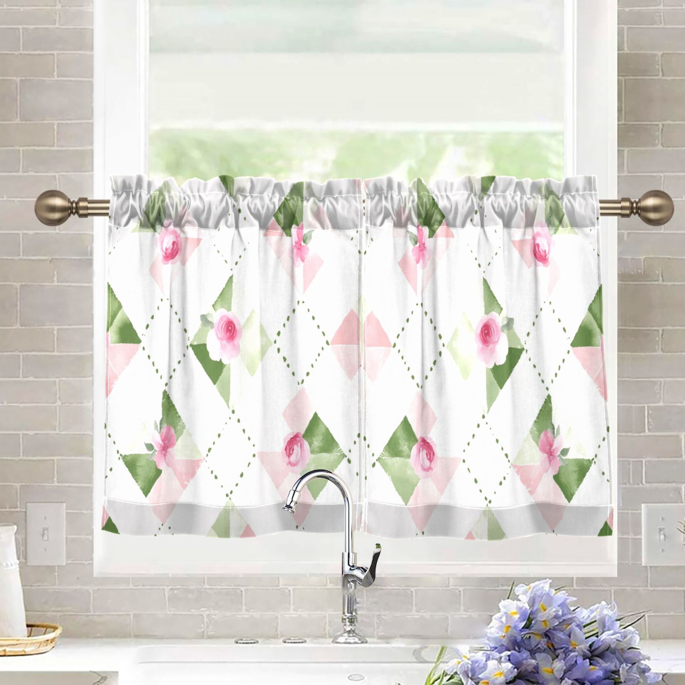 joogoo Rose Flower on Checkered Grid Curtains Sets Half Window Cafe ...