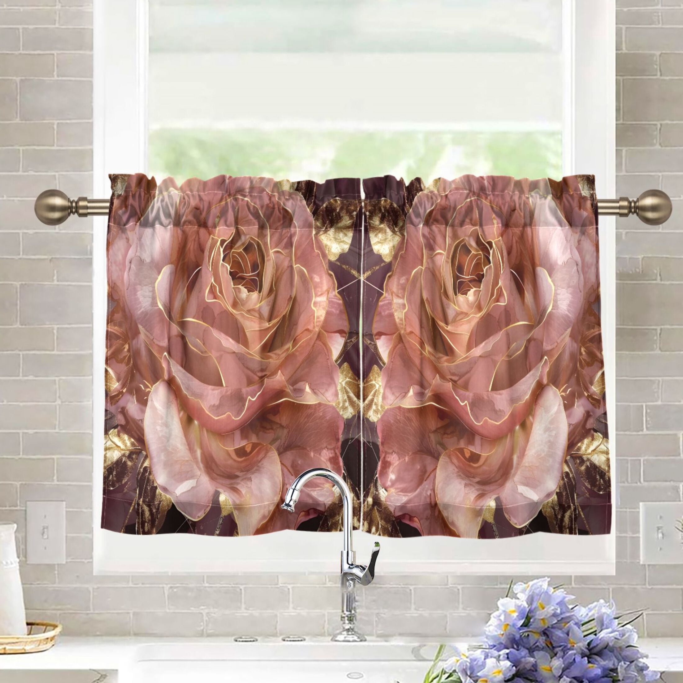 joogoo Roses Flower Gold Leaf Curtains Sets Half Window Cafe Farmhouse ...