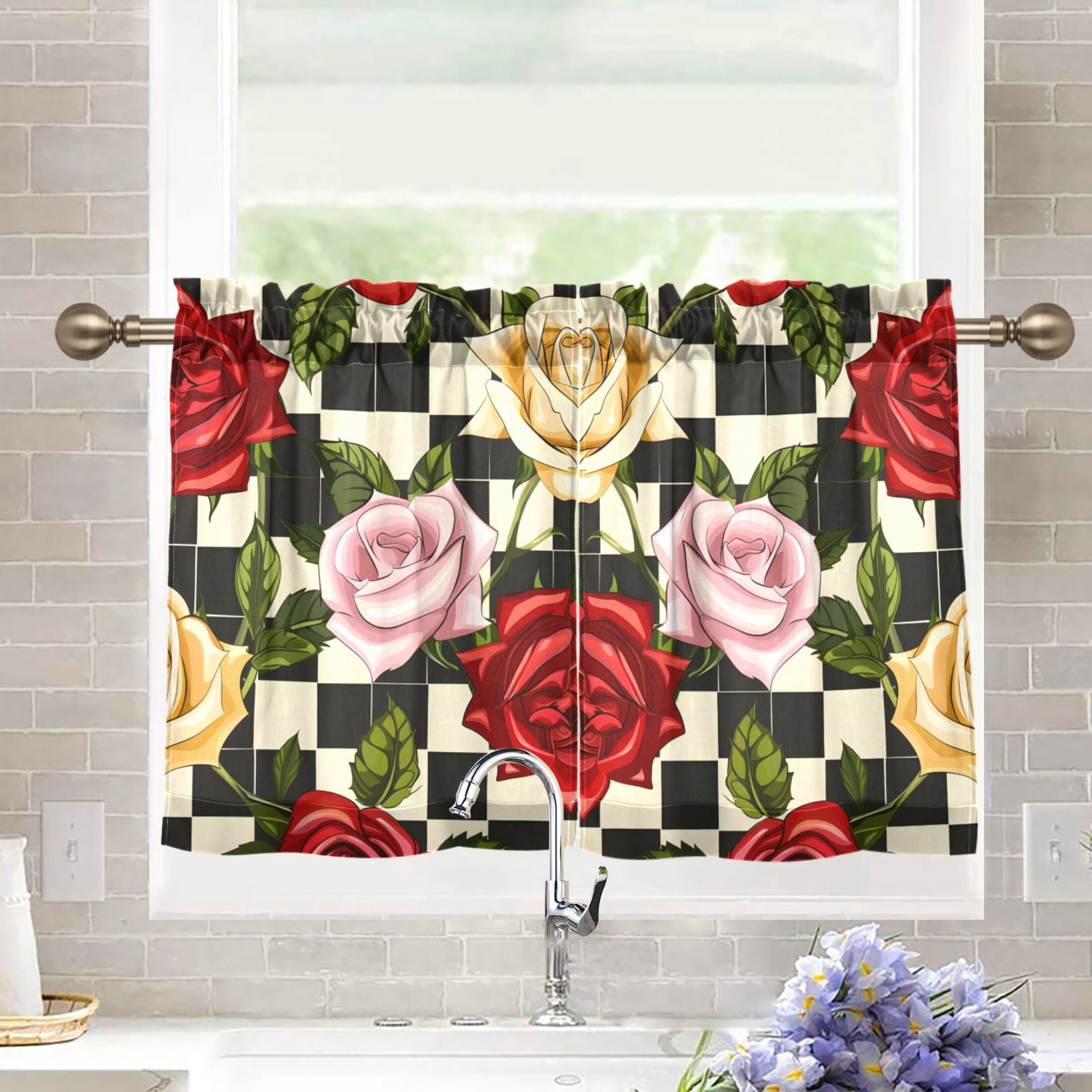 joogoo Roses Flower on Lattice Curtains Sets Half Window Cafe Farmhouse ...