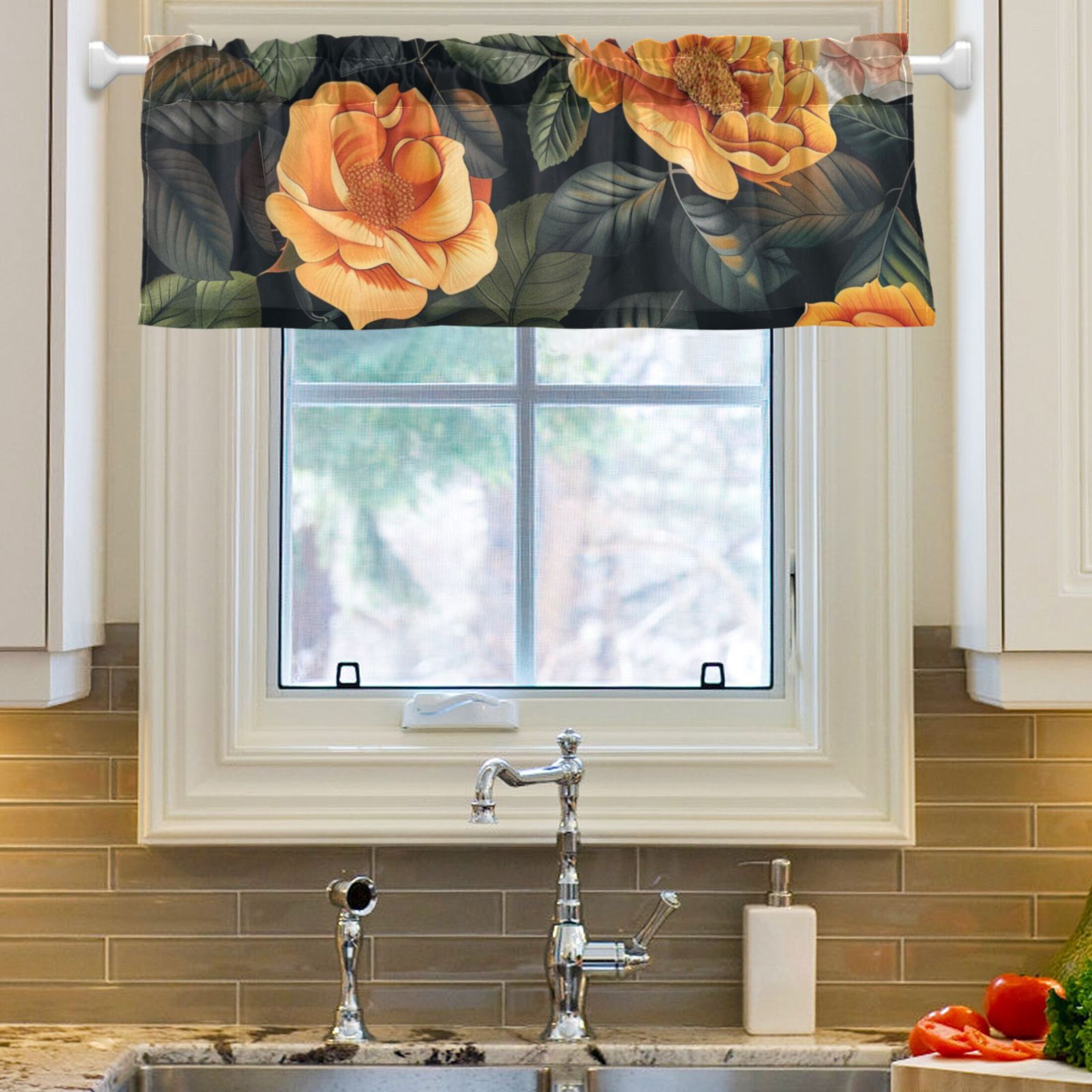 joogoo Roses Flowers and Leaves Window Valance Kitchen Farmhouse Rod ...