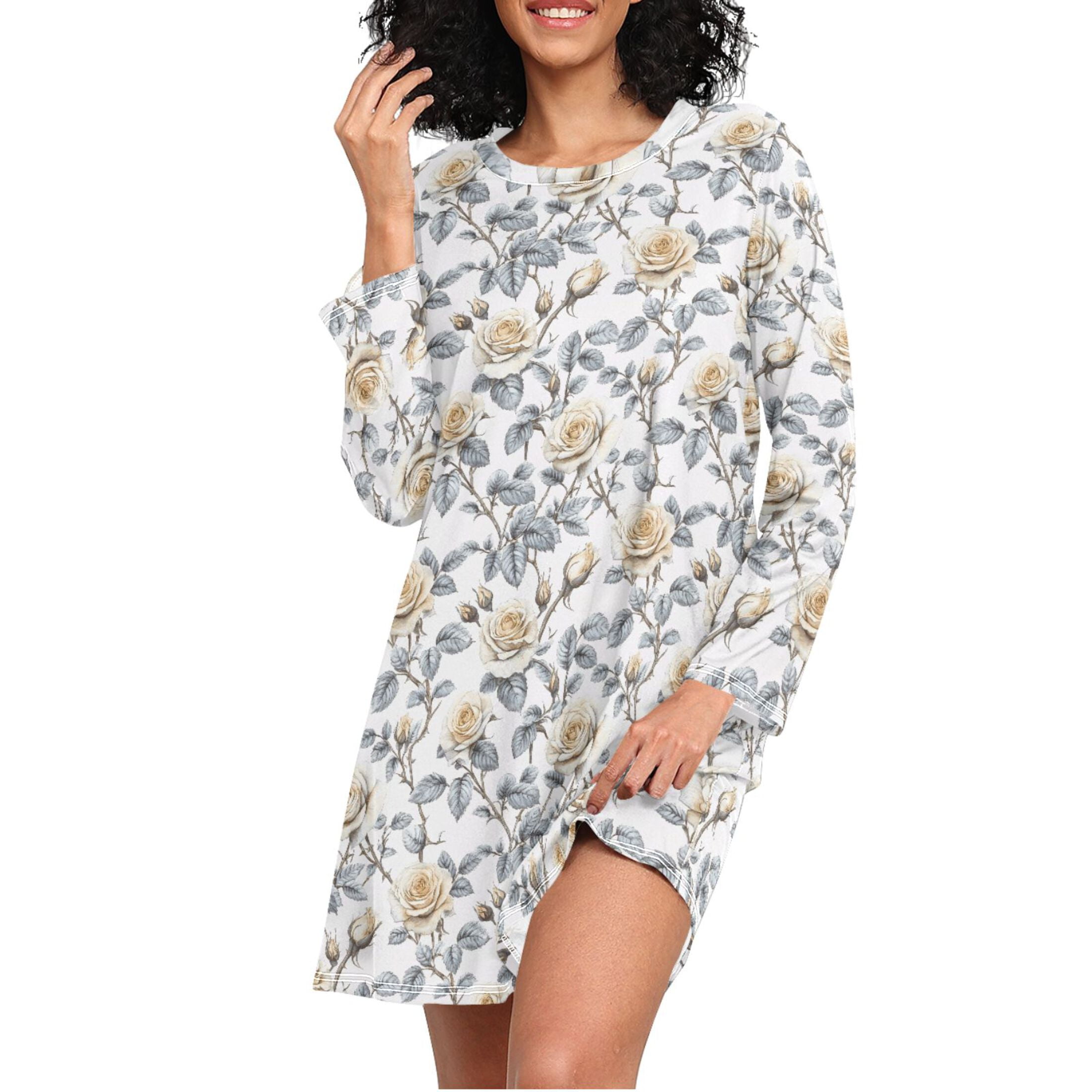 joogoo Roses Flowers-i7 Women's Long Sleeve Nightgown Sleepwear L ...