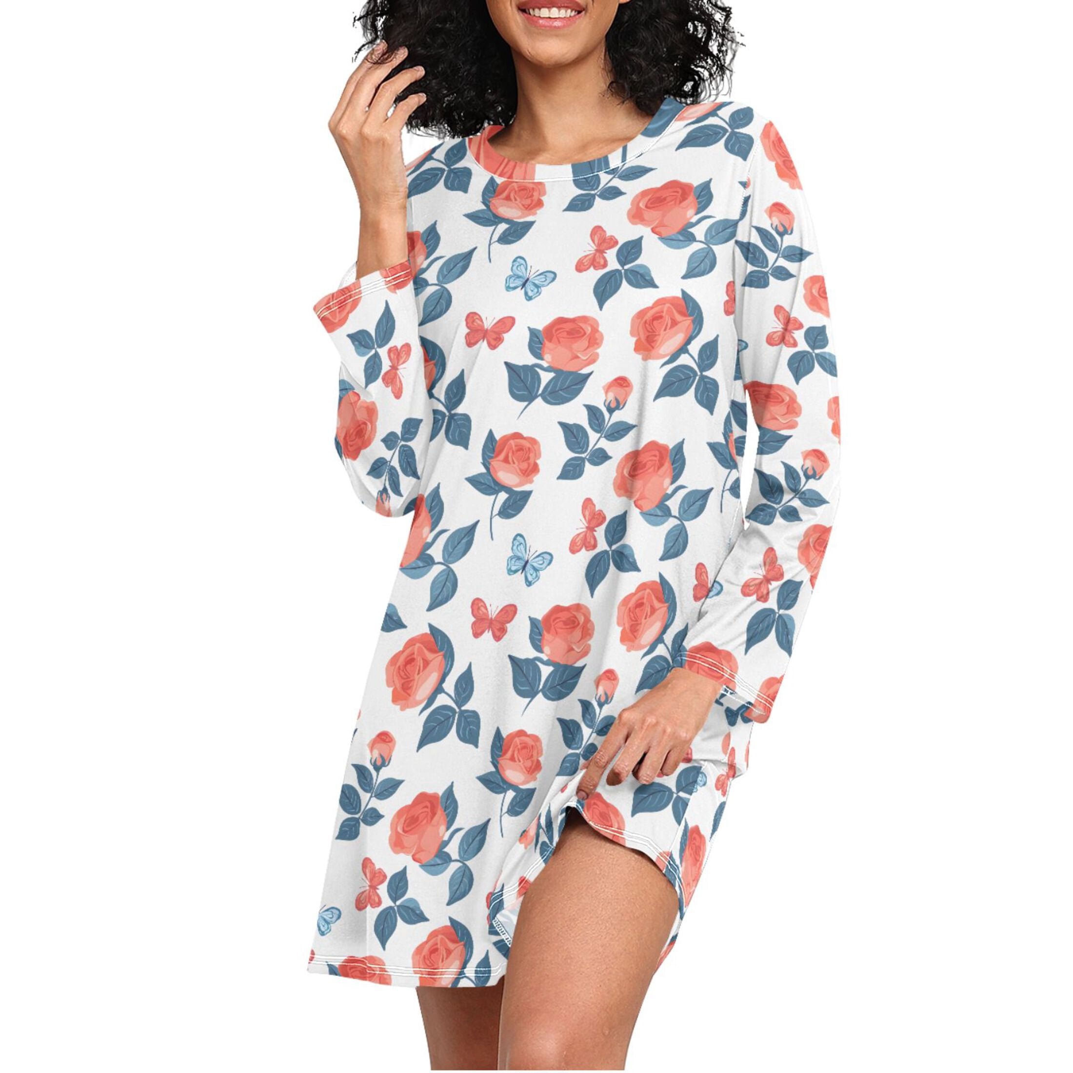 joogoo Roses Flowers with Leaves Women's Long Sleeve Nightgown ...