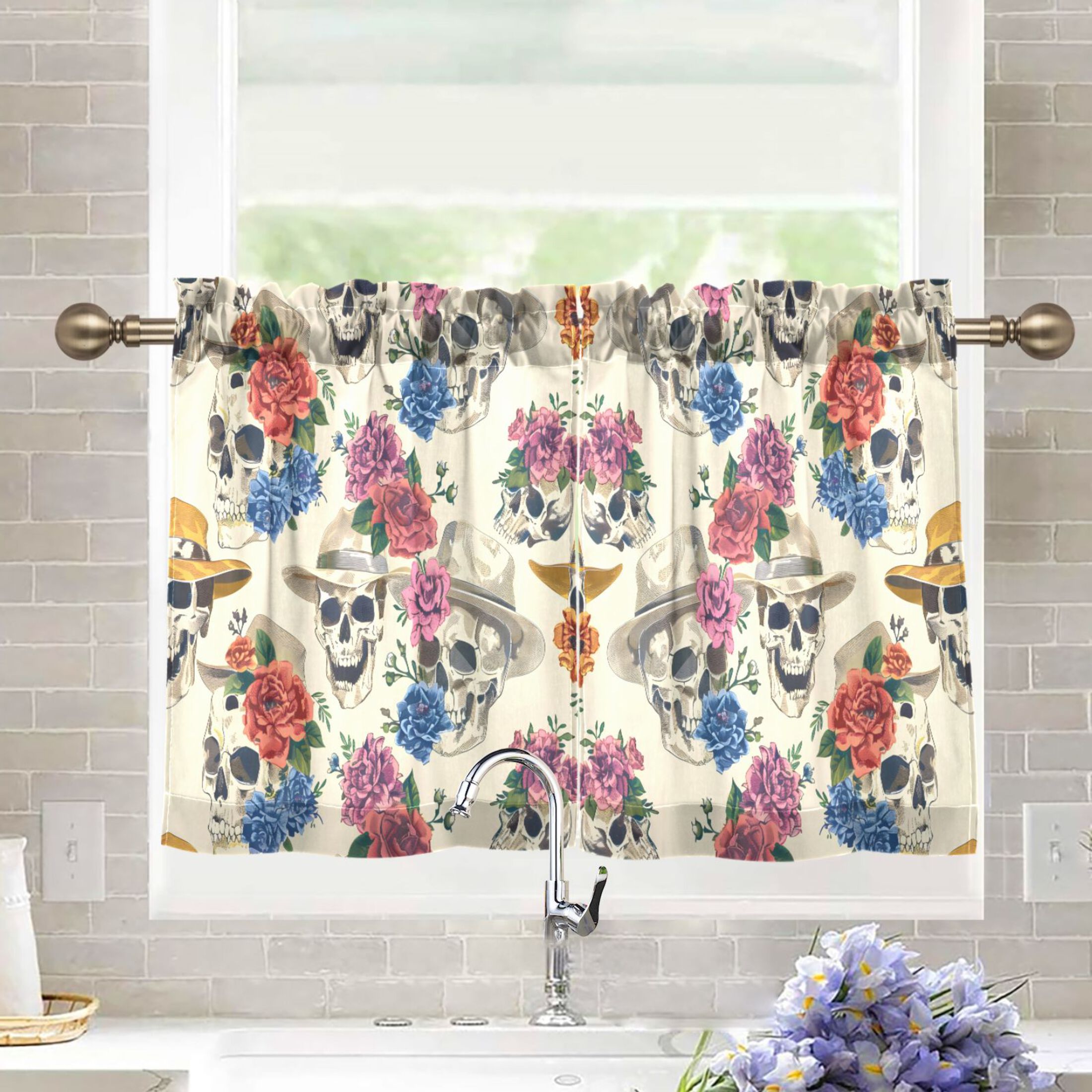 joogoo Skulls with Floral Curtains Sets Half Window Cafe Farmhouse Tier ...