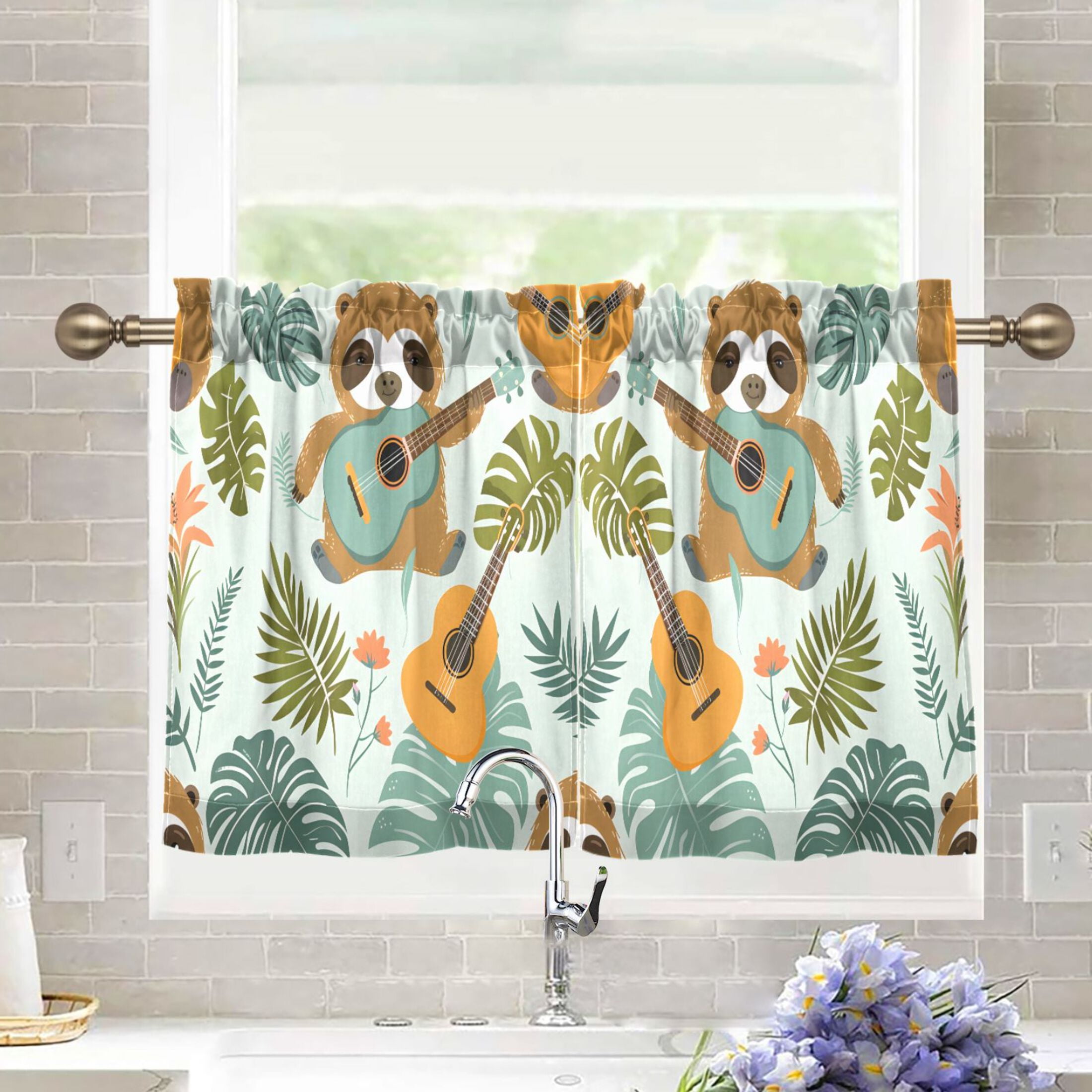 joogoo Sloth Playing Guitar and Leaves Curtains Sets Half Window Cafe ...