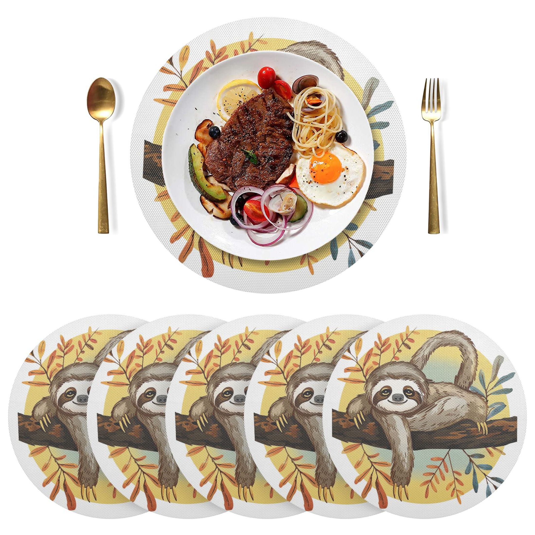 joogoo Sloth on Branch Round Plate Mats for Dining Table Placemat Set ...