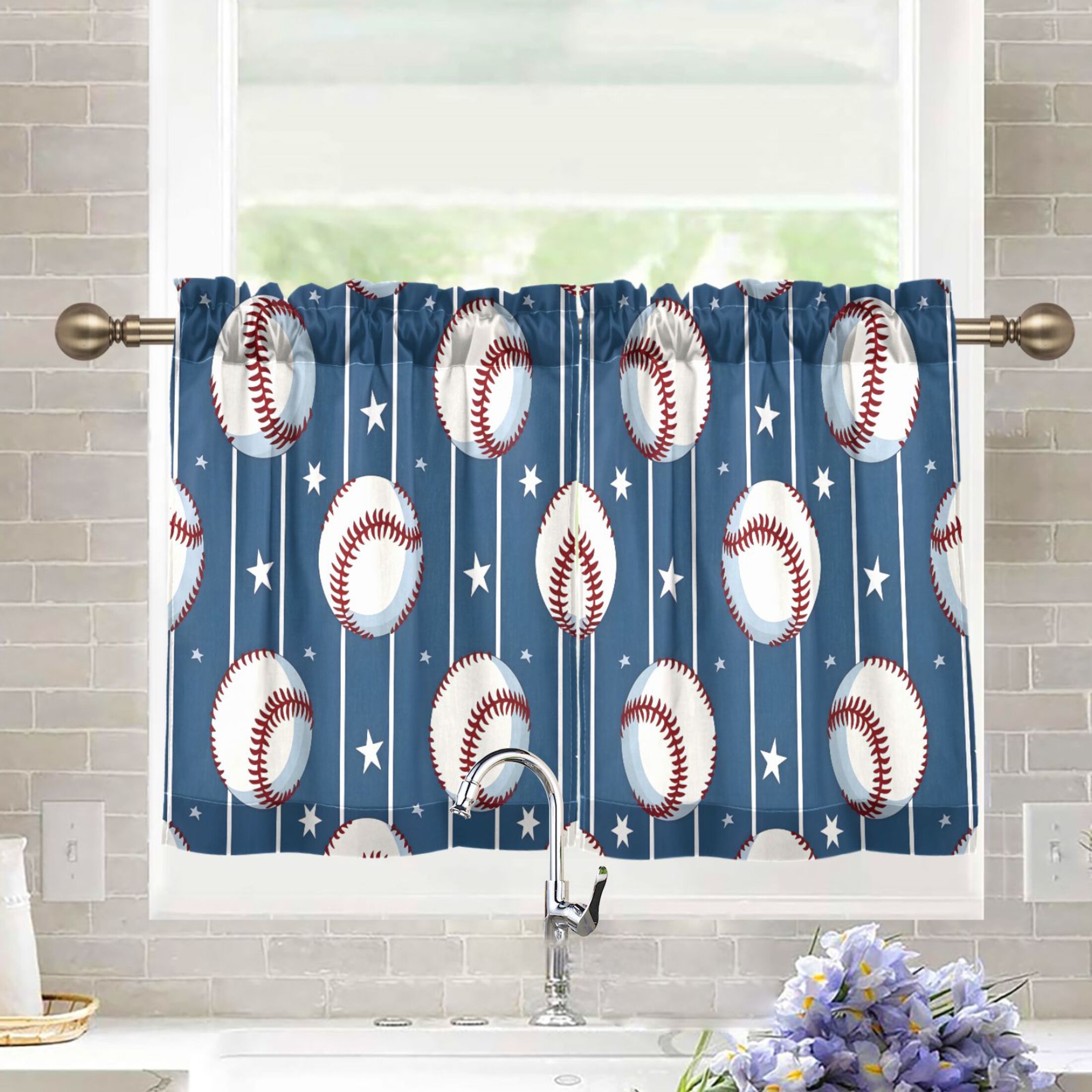 joogoo Sport Baseball Star Stipes Curtains Sets Half Window Cafe ...