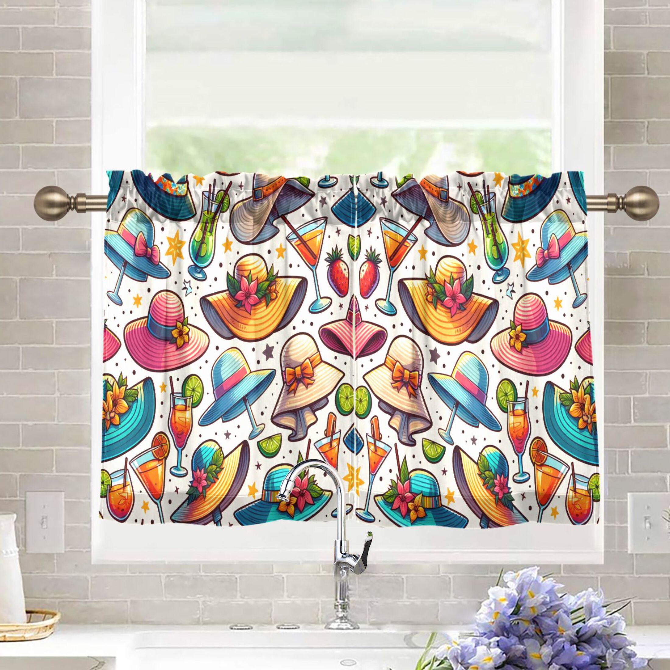 joogoo Summer Hats Pattern Curtains Sets Half Window Cafe Farmhouse ...