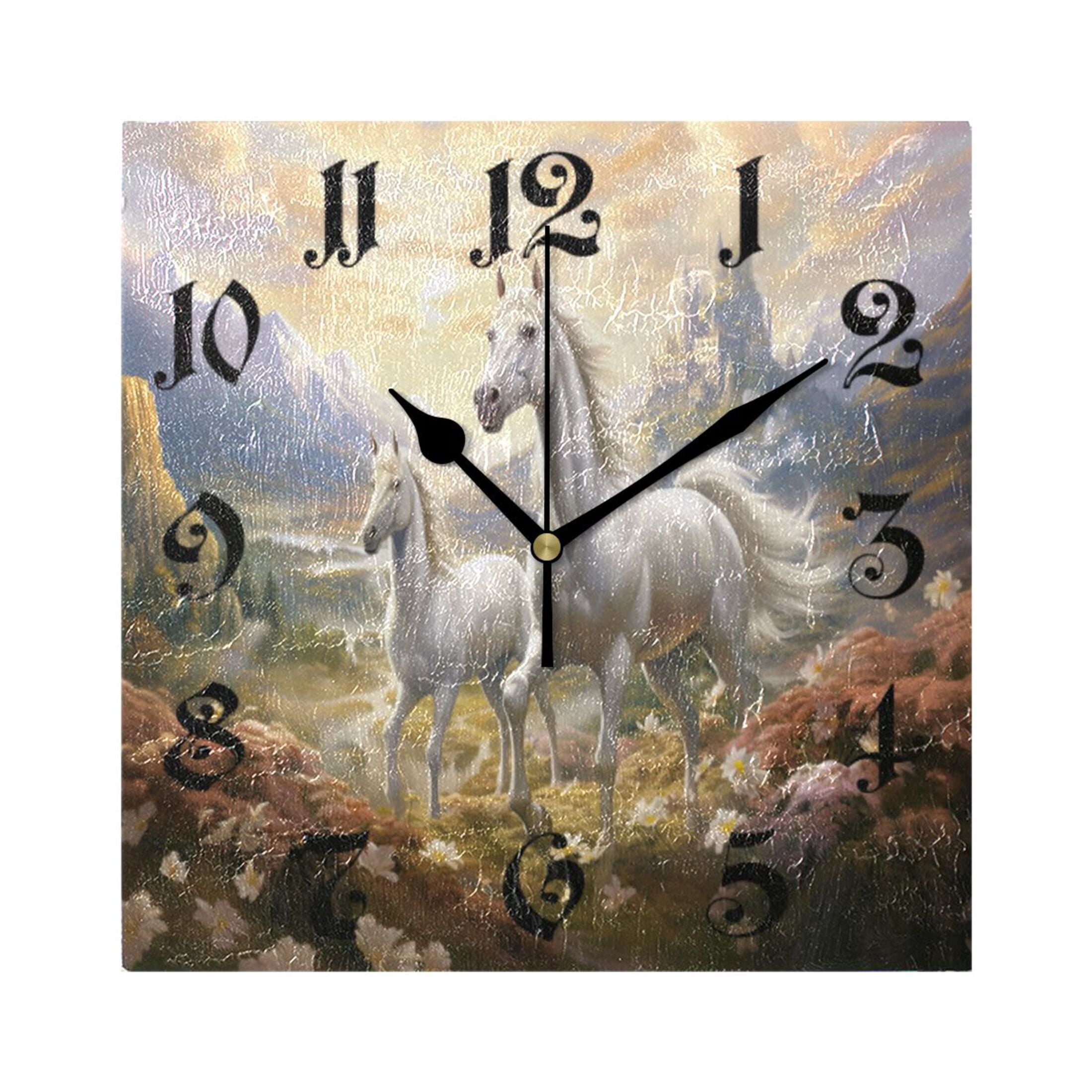 joogoo Two Horses Running Wall Clock Square Silent Non-Ticking Battery ...