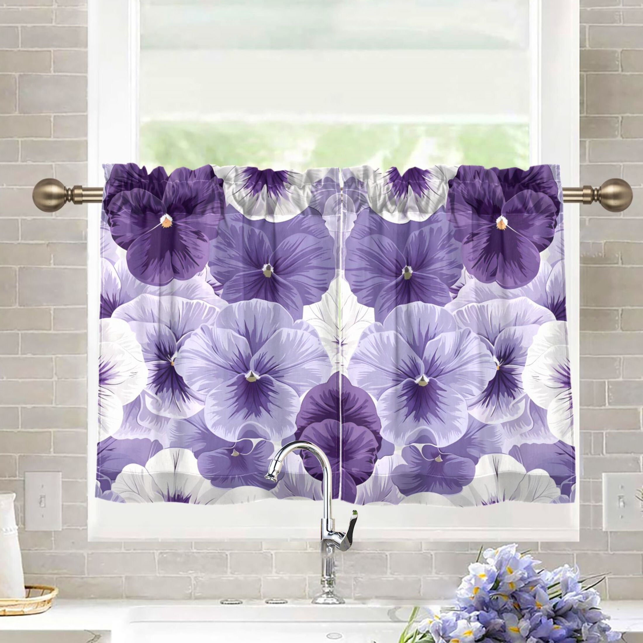 joogoo Violet Flowers Curtains Sets Half Window Cafe Farmhouse Tier 2 ...