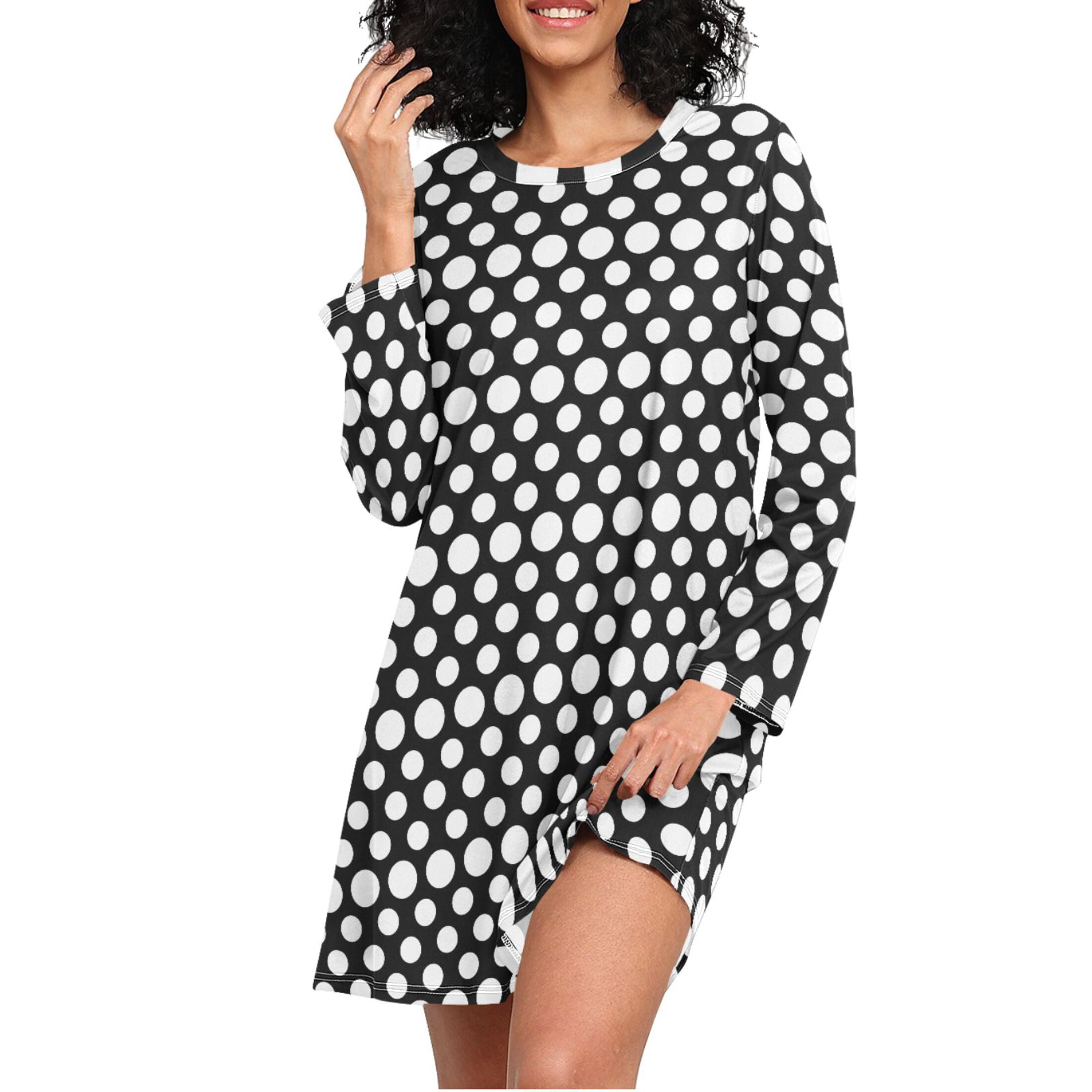joogoo White Polka Dots Women's Long Sleeve Nightgown Sleepwear XXL ...