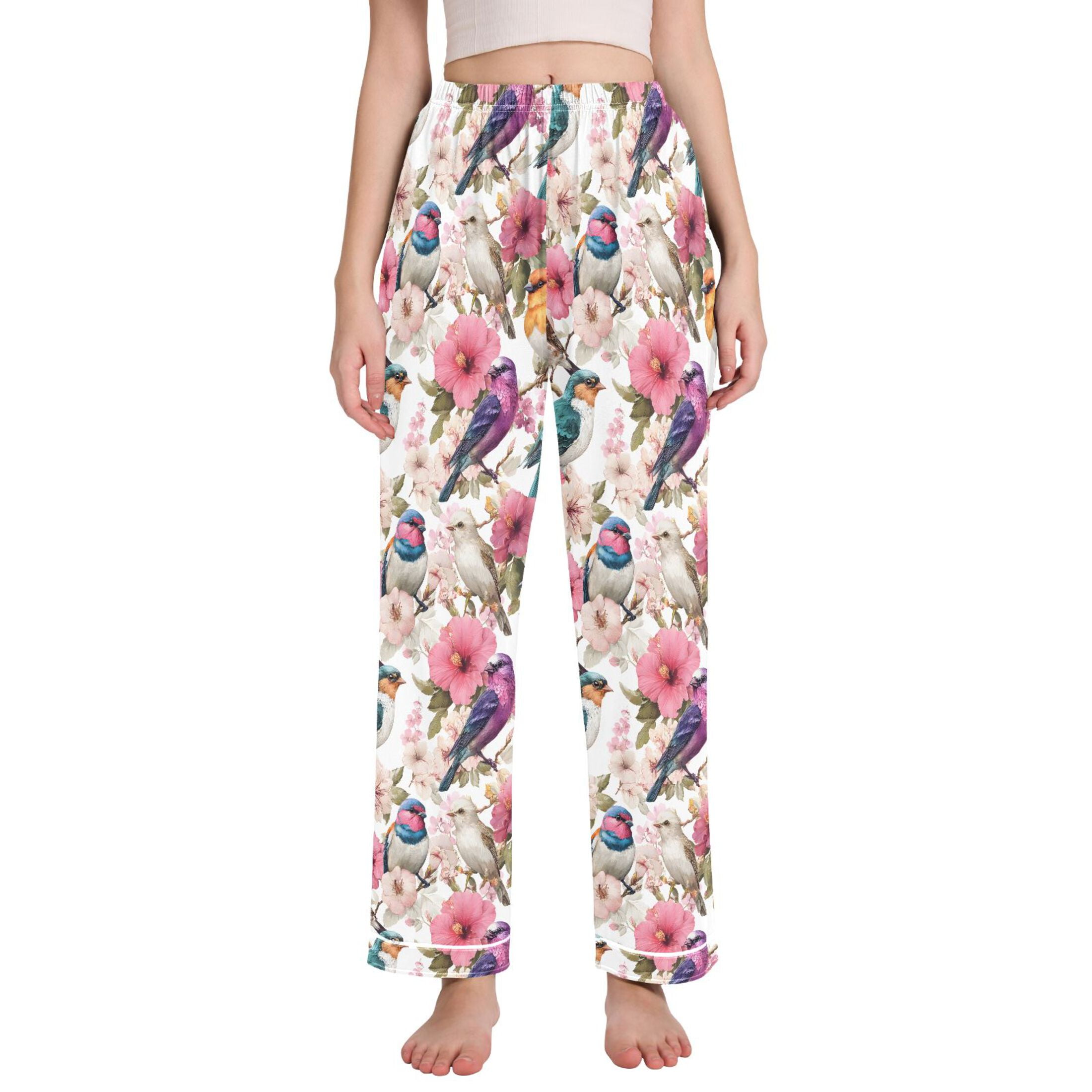 joogoo Women Retro Birds Flower Pajamas Pants Lounge Bottoms Pjs with ...