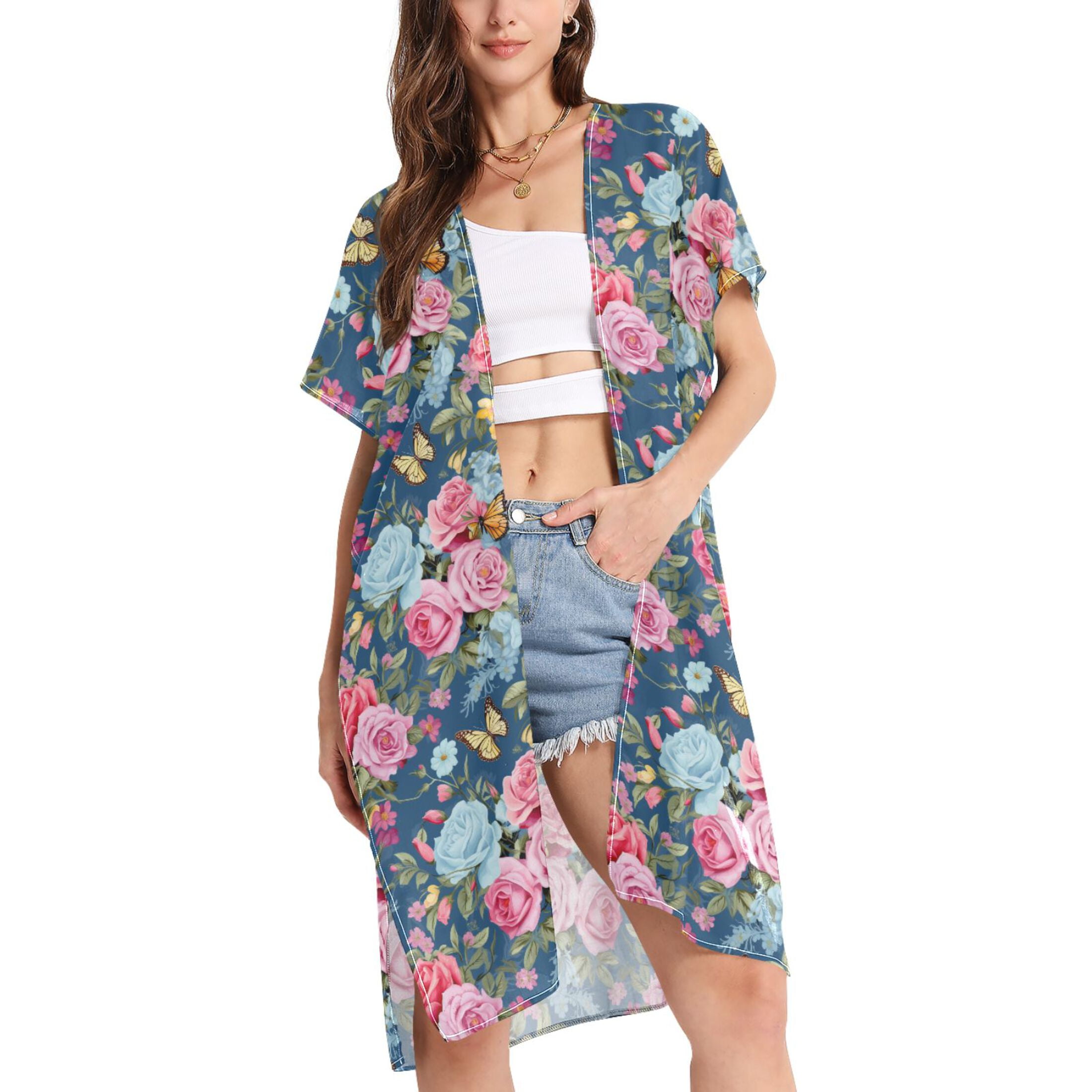 joogoo Women's Butterflies on Roses Floral Beach Cover Up Kimono ...