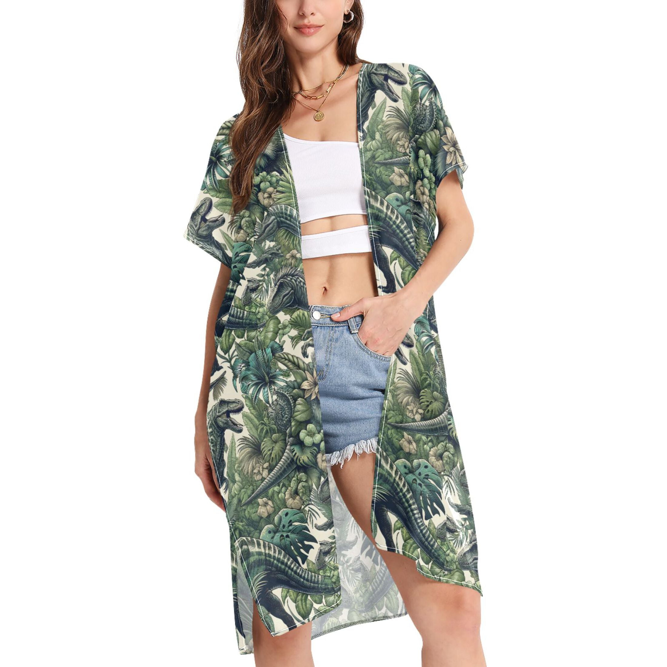 joogoo Women's Dinosaurs in Tropical Plant Beach Cover Up Kimono ...