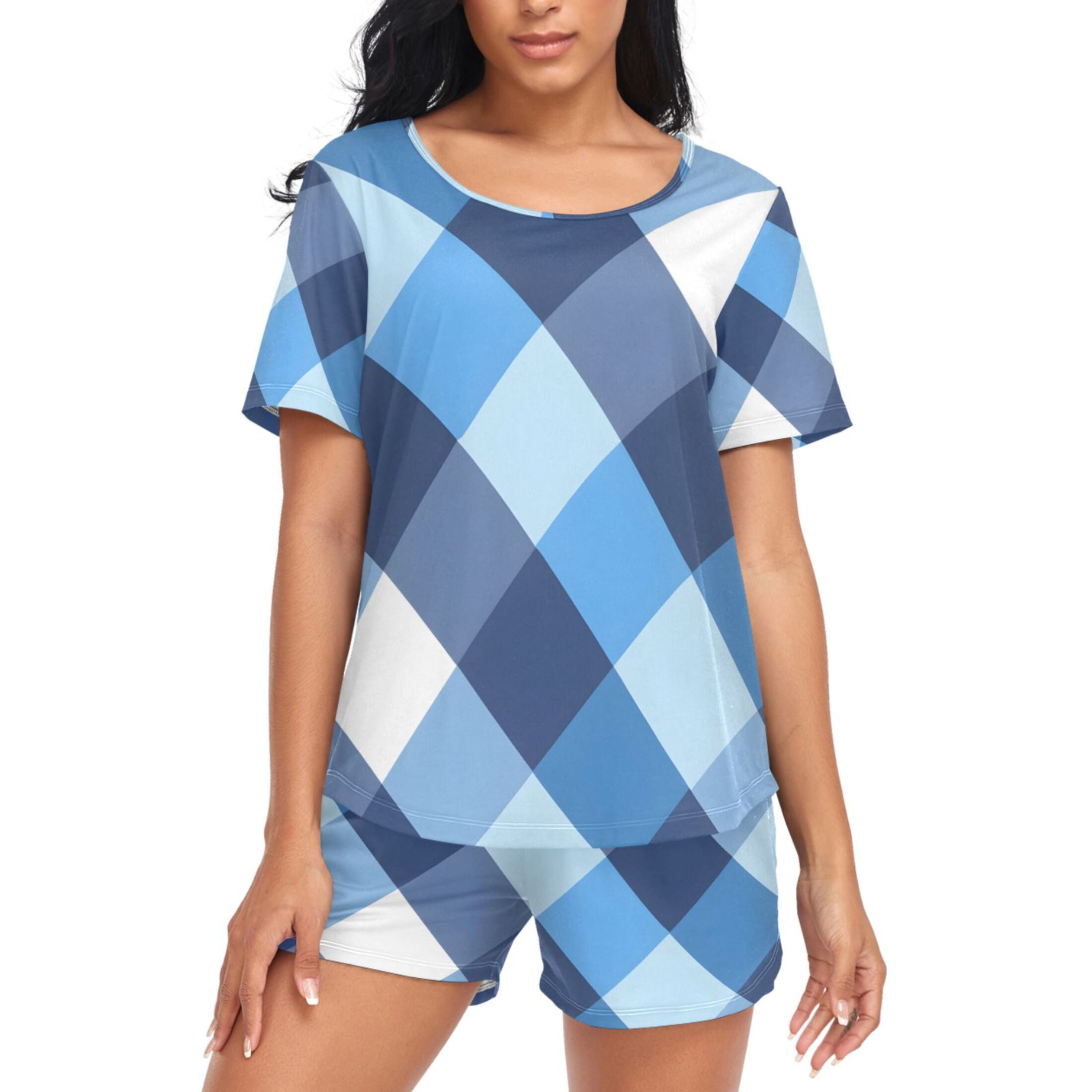 joogoo Women's Pajama Set Blue White Checkered Grid Pattern Short ...
