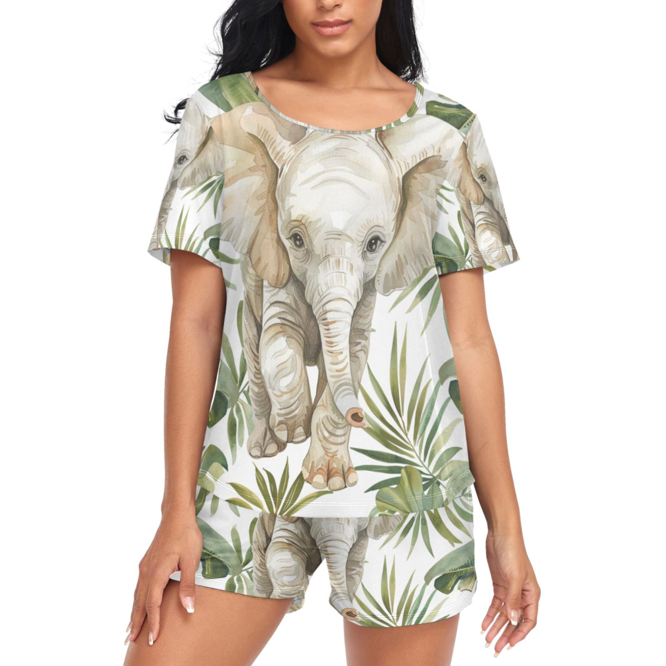 joogoo Women's Pajama Set Elephant in Palm Leaves Short Sleepwear ...