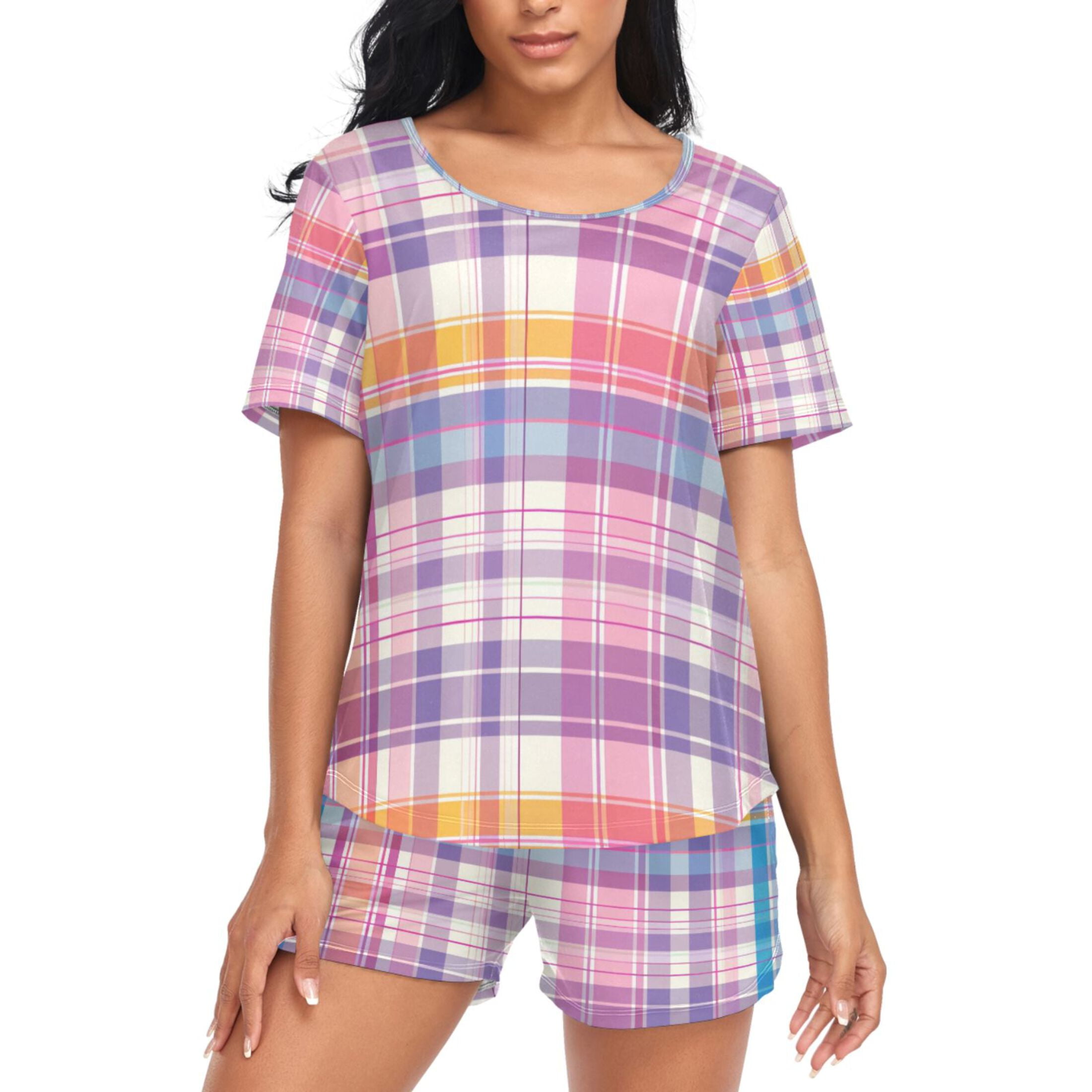 joogoo Women's Pajama Set Plaid Pattern Grid Short Sleepwear Loungewear ...