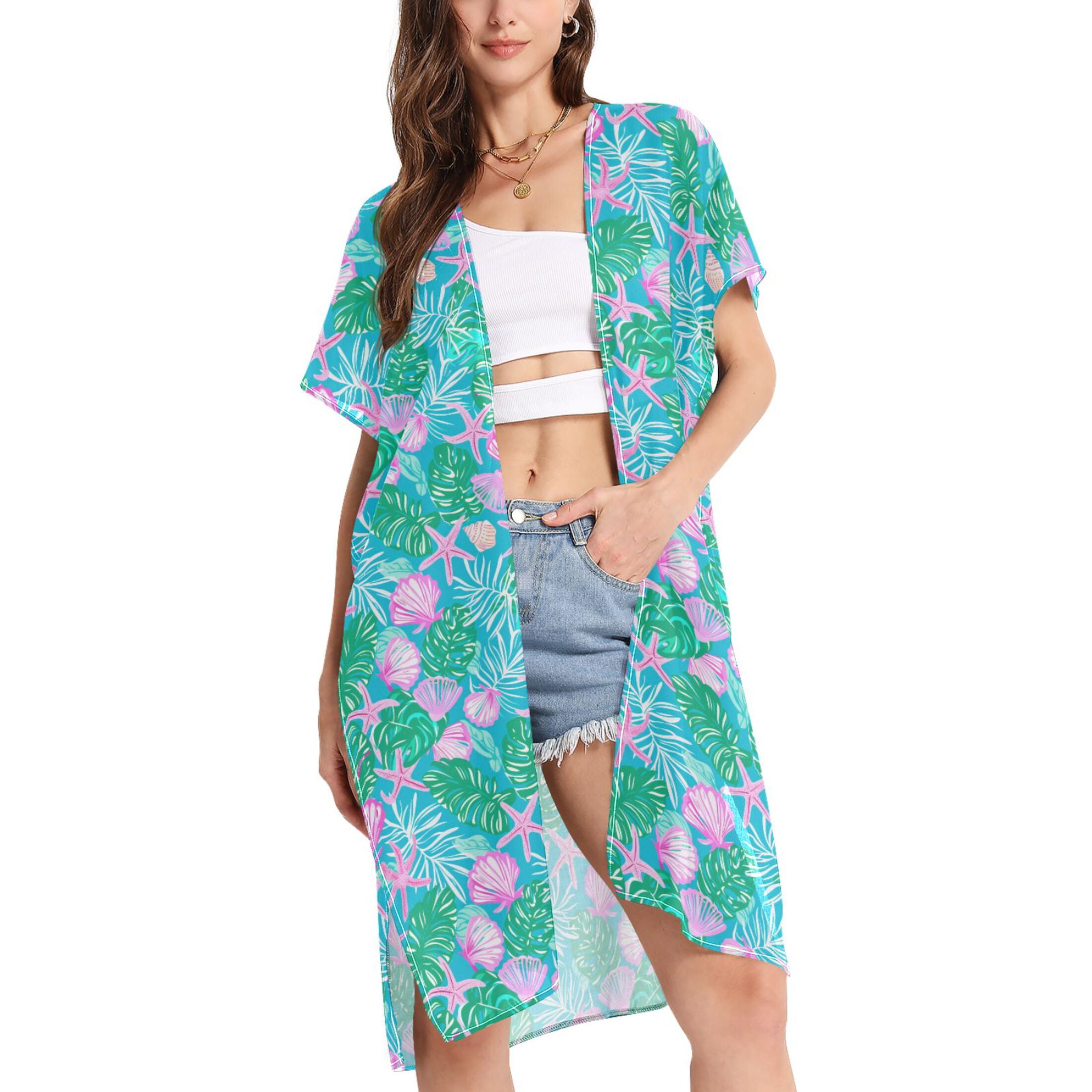 joogoo Women's Palm Leaves and Shell Beach Cover Up Kimono Swimsuit ...