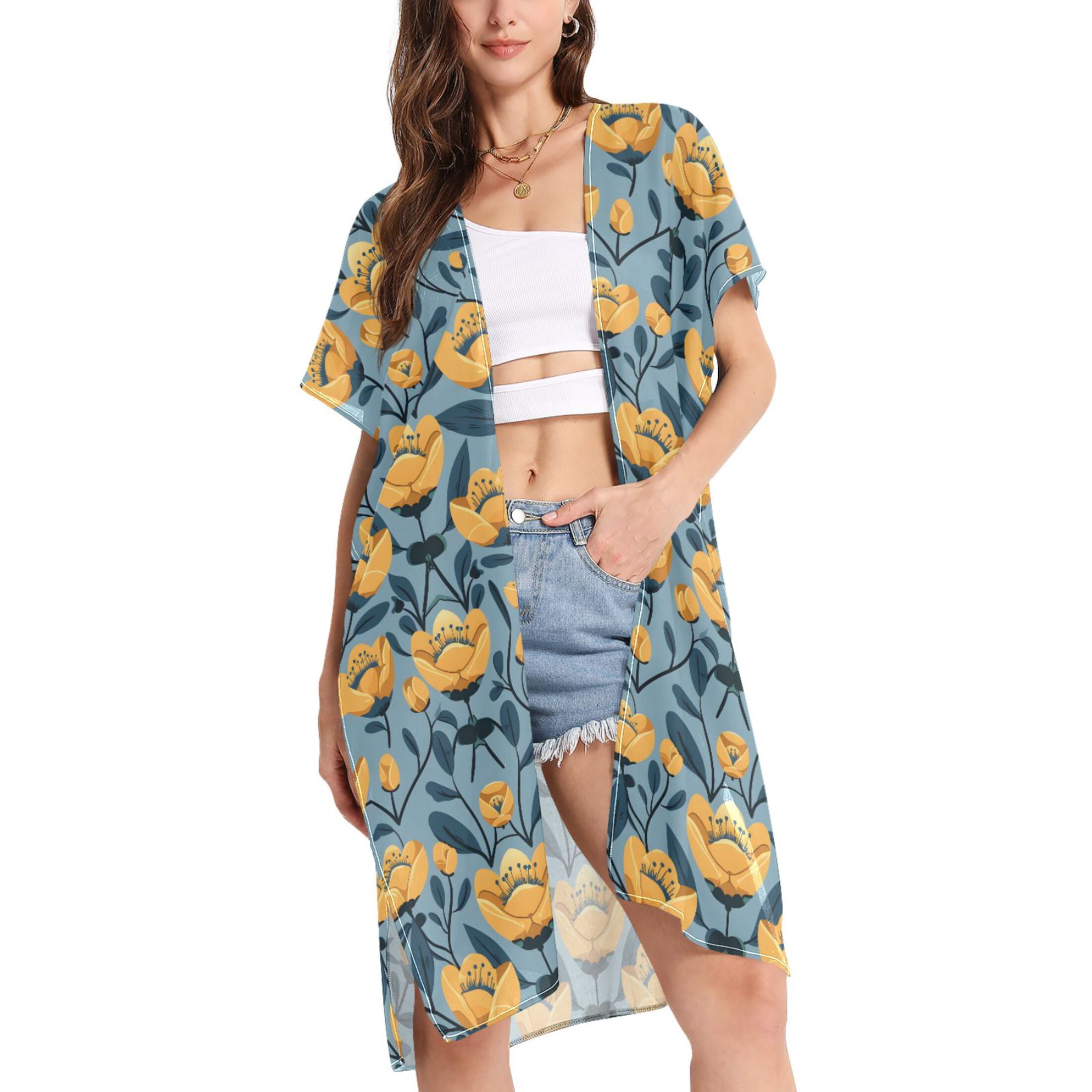 joogoo Women's Poppy Floral Pattern Beach Cover Up Kimono Swimsuit ...