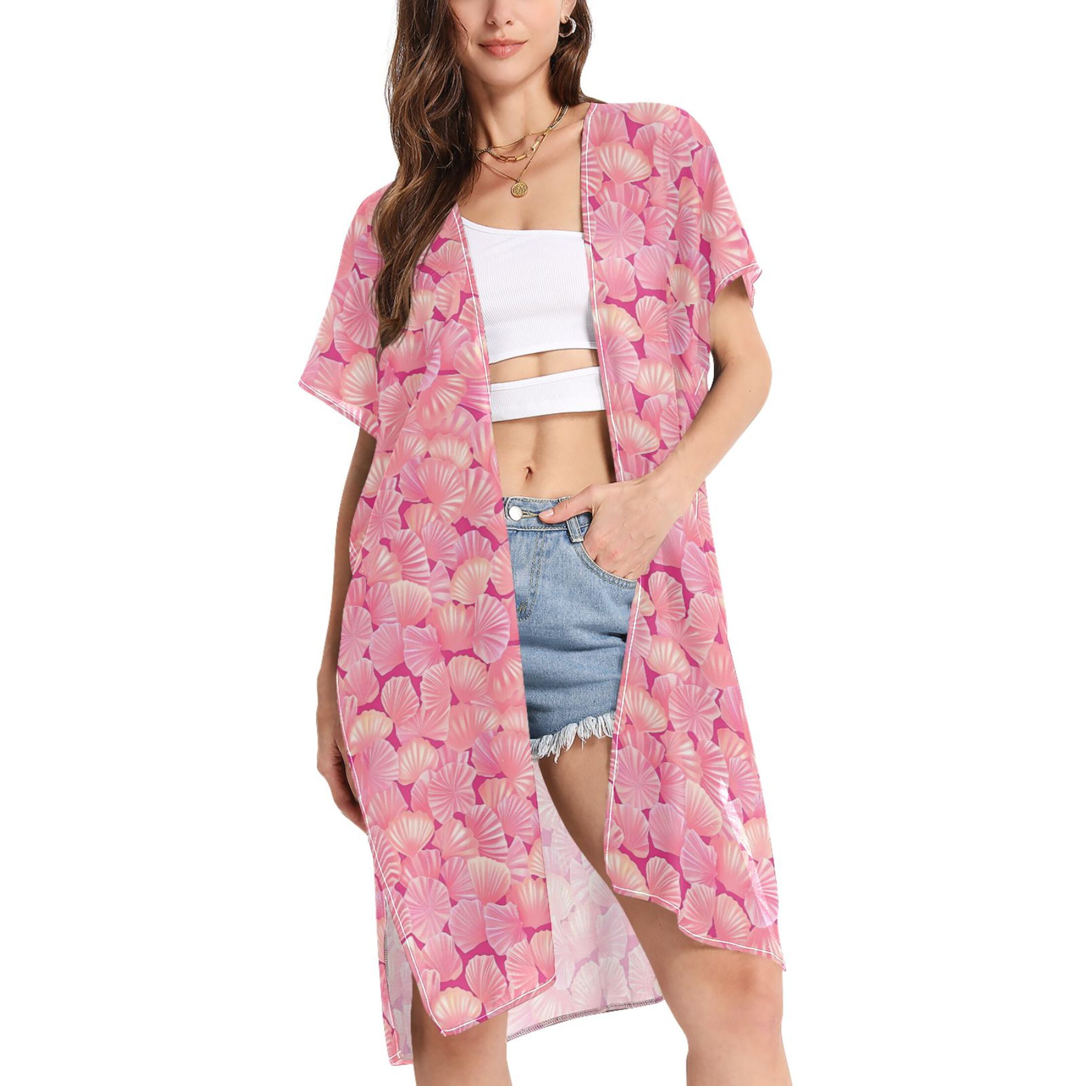 joogoo Women's Seashells Pink Beach Cover Up Kimono Swimsuit Summer ...