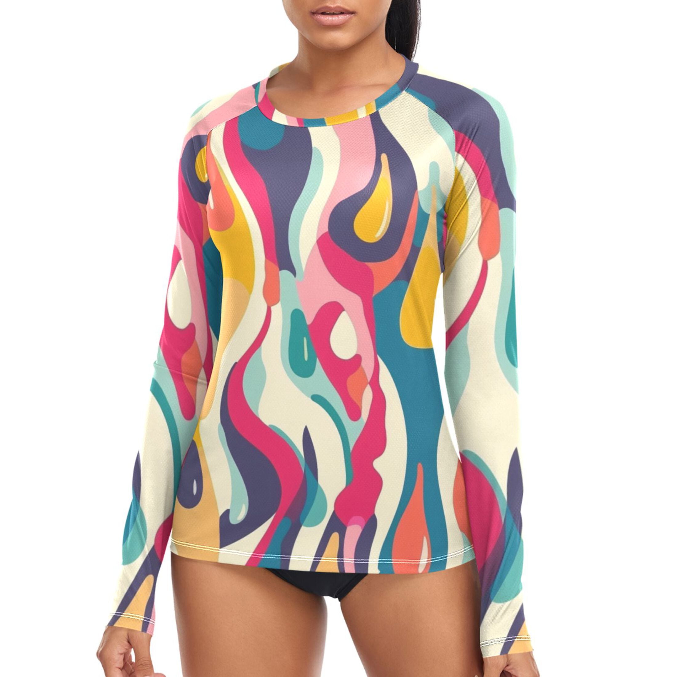 joogoo Womens UPF 50+ Rash Guard Abstract Drops Line Pattern Long Sleeve UV Protection Sun ...