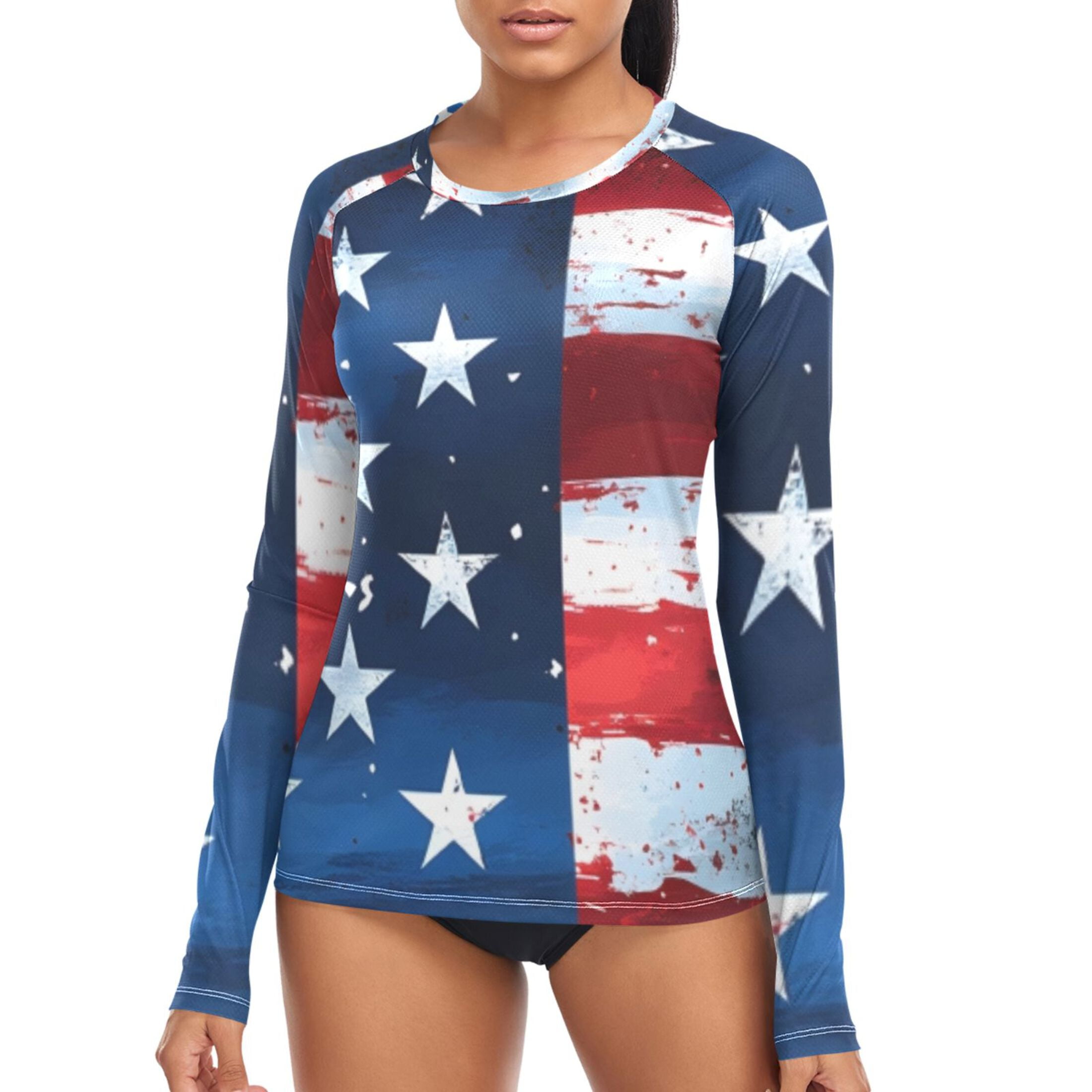 joogoo Womens UPF 50+ Sun Shirts American Flag Retro Long Sleeve UV ...