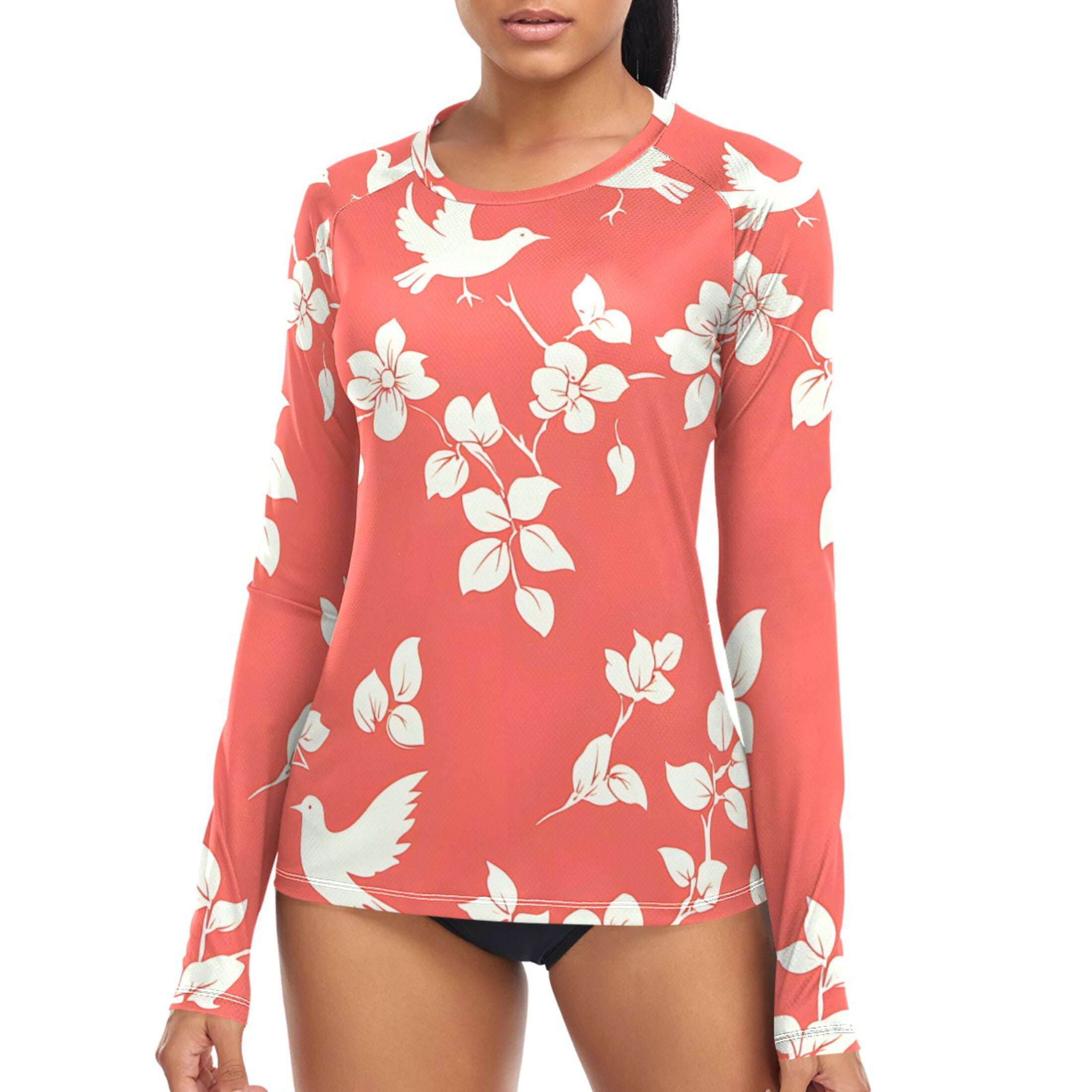 joogoo Womens UPF 50+ Sun Shirts Red Floral Bird Long Sleeve UV ...